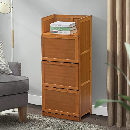 MoNiBloom 7 Tier Shoe Storage Cabinet, Bamboo Narrow Shoes Sneakers Rack Organizer Stand with Pull-Down Doors for 16-20 Pairs Entryway Hallway Living Room, Brown