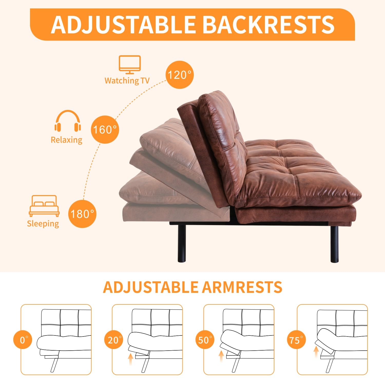 MUUEGM Futon Sofa Bed,Memory Foam Futon Sofa,couch bed,Convertible Sofa Bed for Compact Living Spaces,Apartment,Office,Sleeper Sofa,71"*33"*31.5",Brown Faux Leather