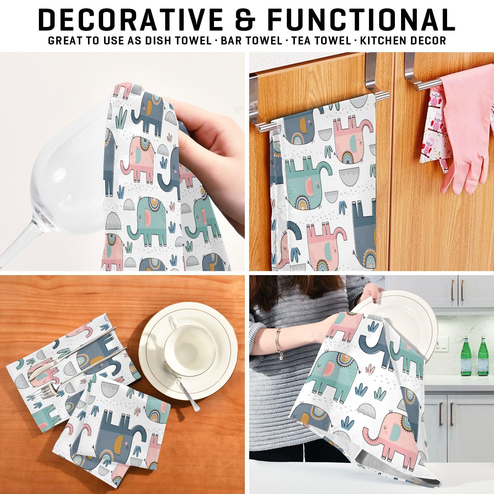Kigai Elephant Kitchen Towels, 18 x 28 Inch Super Soft and Absorbent Dish Cloths for Washing Dishes, 4 Pack Reusable Multi-Purpose Microfiber Hand Towels for Kitchen
