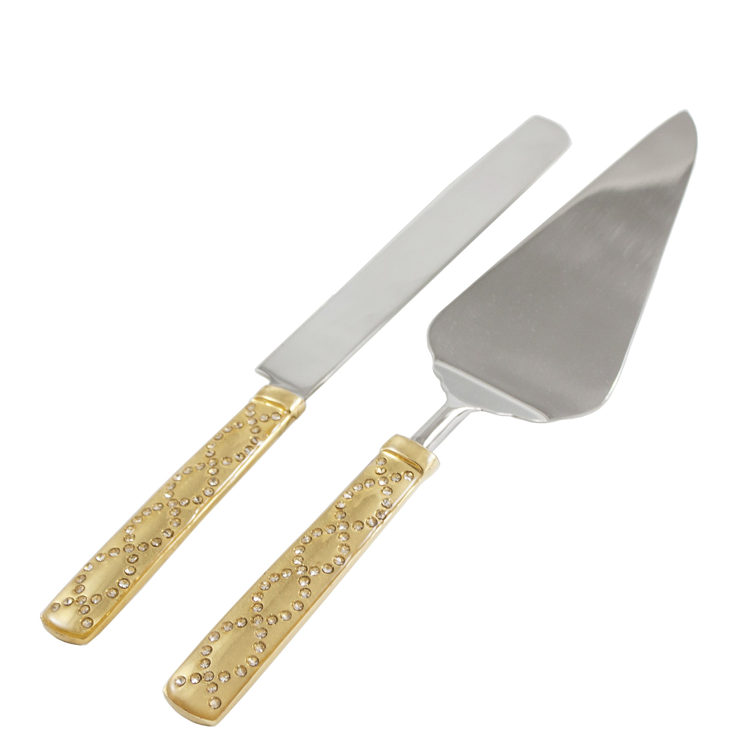 Server Set, Cake, Pie, Desert Flatware Set, Glitter Crystal Studs Design, 2-piece 18/10 Stainless steel with brass handles (light antique gold finish)…