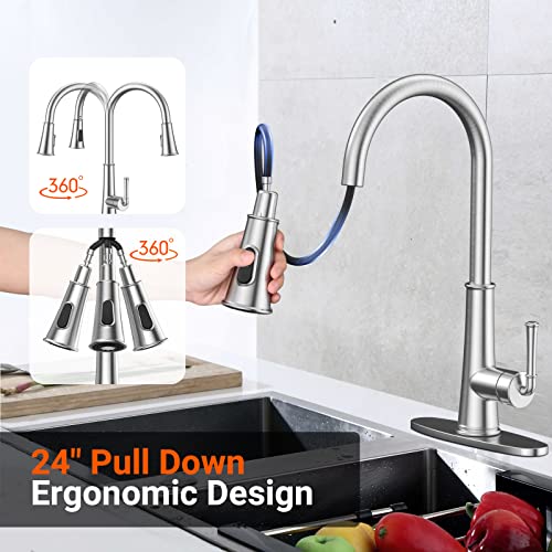 Kitchen Faucet with Pull Down Sprayer - LEPO Kitchen Sink Faucet with Led Light, Brushed Nickel, High Arc Commercial Stainless Steel Pull Out Rv Kitchen Faucet Bar(No Batteries Required)