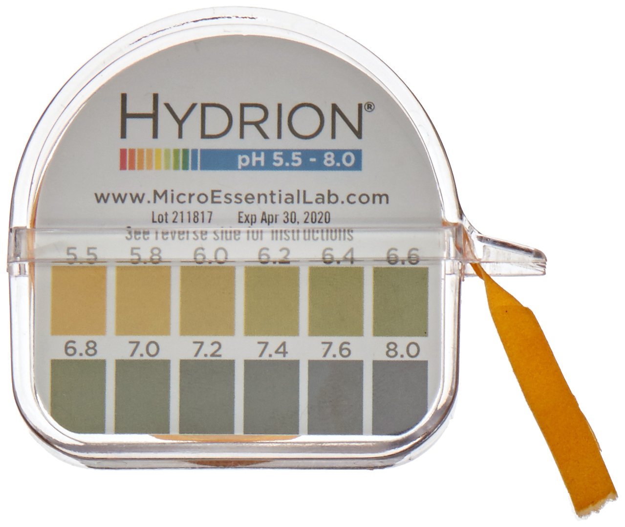 Micro Essential Hydrion 067 Vivid Short Range Single Roll pH Paper Dispenser for Urine and Saliva with Colorimetric Chart, 5.5 to 8.0 pH Range (Case of 10)