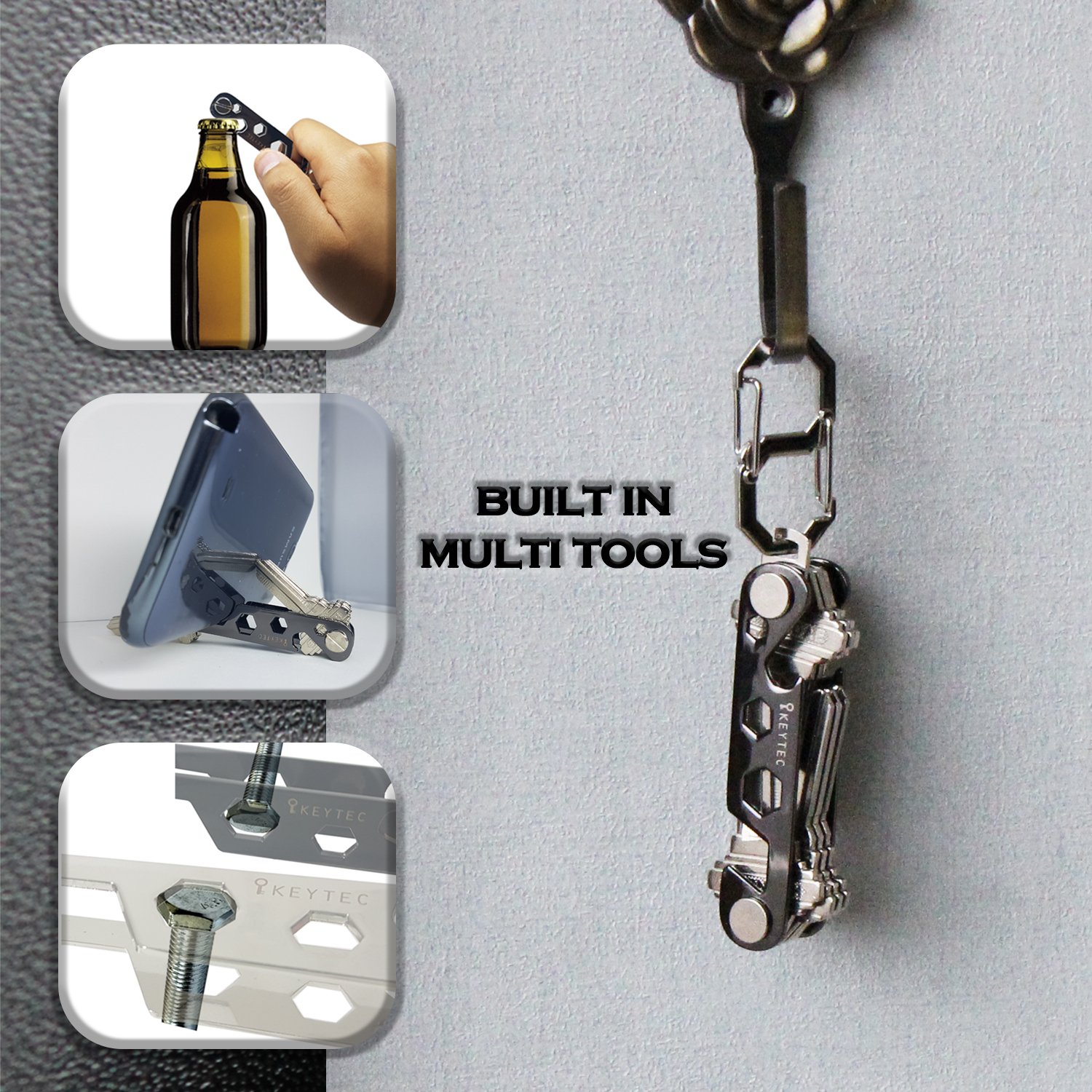 KEYTEC Compact Key Organizer (12-16 Keys) - Premium Key Holder with Built-in Tools - Bottle Opener/Phone Stand - Black Frame Plus Anti Loosening Washer - Great Gift (Black)