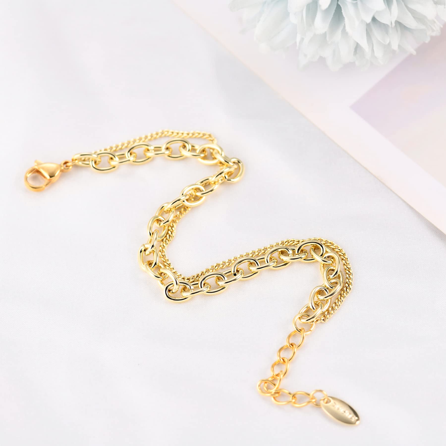 Kainier 14K Gold Plated Chain Bracelets for Women Dainty Cute Stainless Steel Cubic Zirconia Adjustable Layered Stacking Link Paperclip Bracelets (Layer Link)