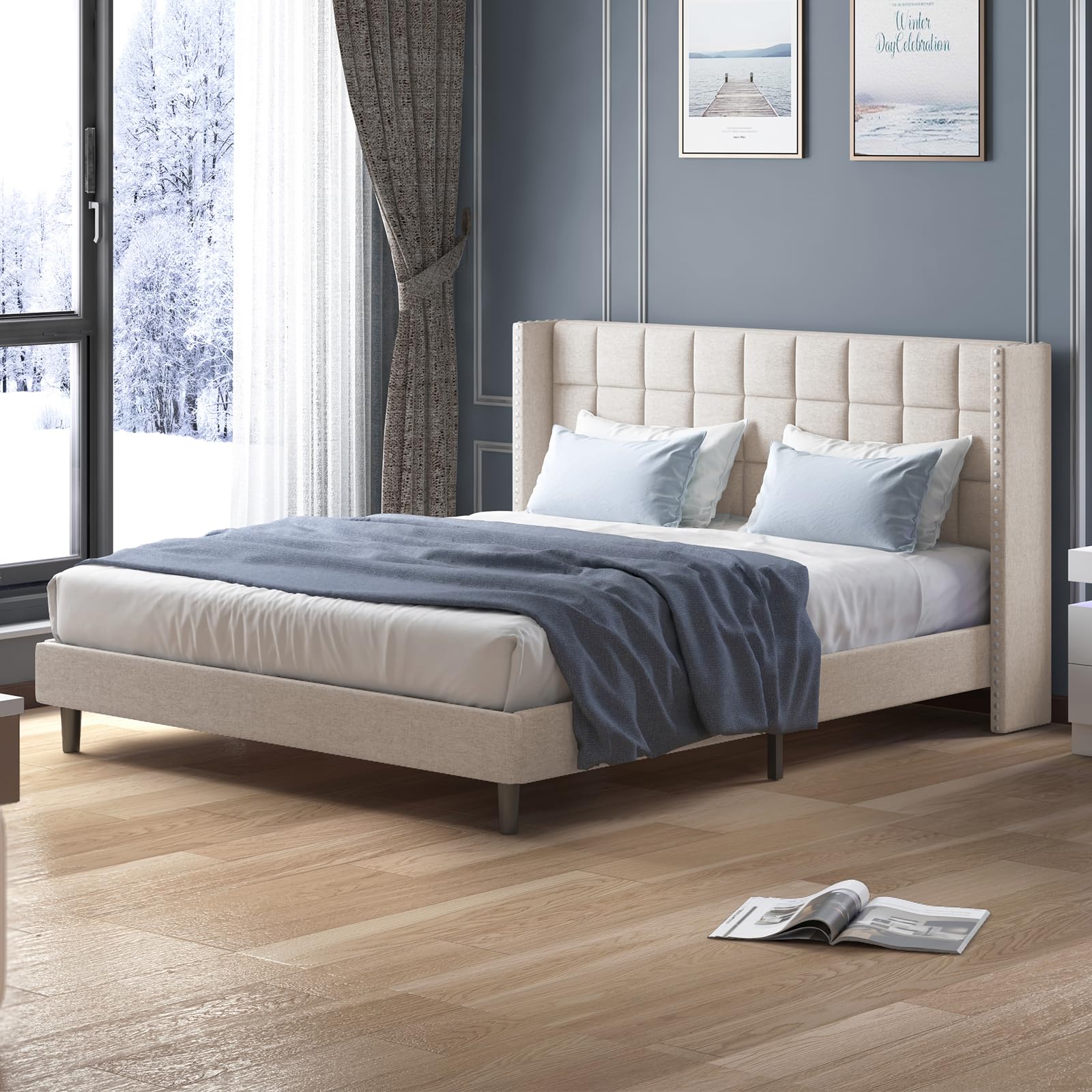 MUZZ Full Size Bed Frame with Headboard,Premium Velvet Platform Bed Frame,Wooden Bed Frame with Two Rows of Rivet Design,Light Grey
