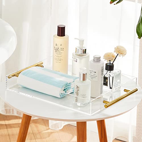 MUKEEN Clear Acrylic Serving Tray with Metal Handles -Spill Proof- Decorative Countertop Organizer for Ottoman Coffee Table Nightstand, sidetable, Breakfast, Tea, Food, Butler (11x14 Inch, Clear)