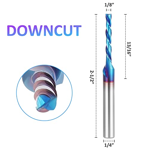 HQMaster 5 Pcs Spiral CNC Router Bits Set Down Cut 1/4β Shank Solid Carbide Spiral Downcut CNC Bits with Nano Blue Coating End Mill for Wood Cut Carving Engraver 1/8" Cutting Dia.