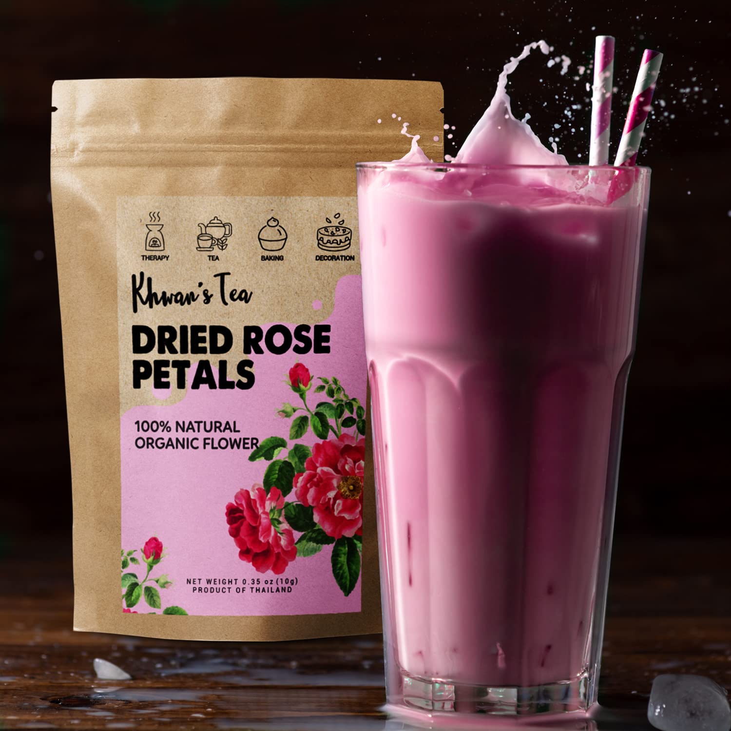 KHWAN'S TEA Premium Dried Rose Petals - Plant-based & Edible Flowers for Baking Decoration, Desserts, Syrup, DIY Crafts, Candle, Bath & Fragrant Soap - Herbal Tea, 0.35oz (10g)