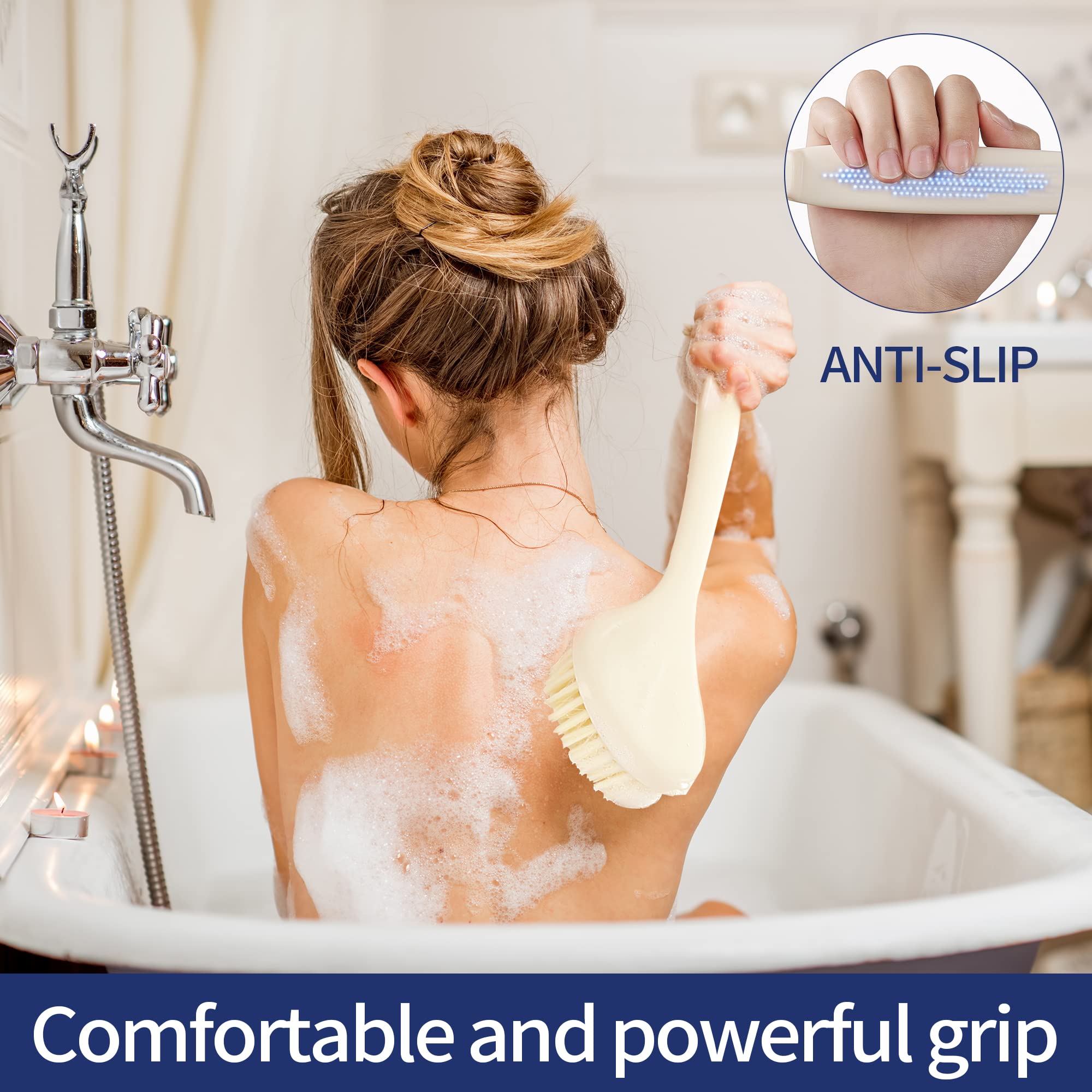 KUMBAZZ Back Bath Brush for Shower - Never Mold Bath Back Brush Back Scrubber for Shower,Wet or Dry Brushing,Shower Brush for Men & Women (Ivory)