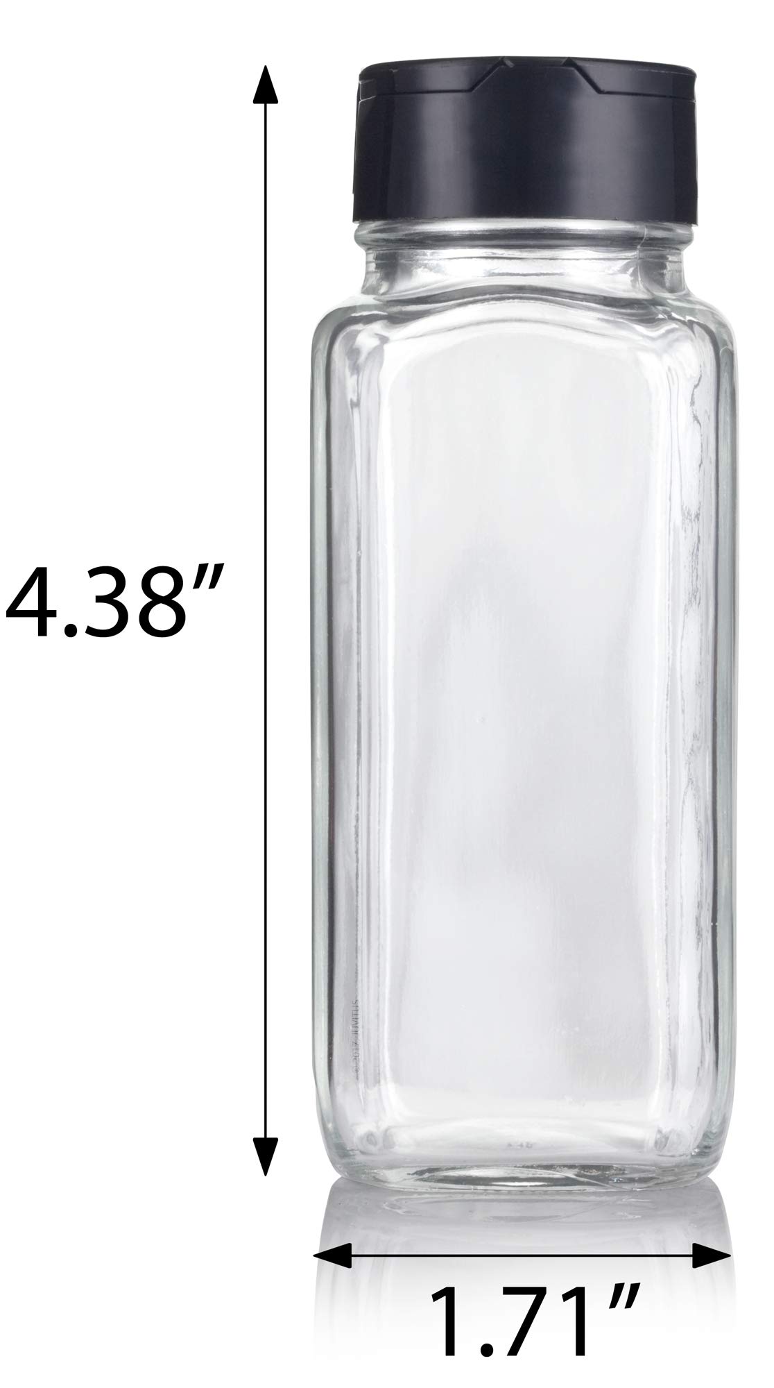 JUVITUS 4 oz / 120 ml Clear Glass Square Spice Jar with Black Sifter (12 pack) - Two Sided Sifter Cap (shaker holes/pour open) and Freshness Seal for a professional look
