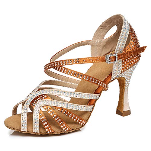 HROYL Women Rhinestone Ballroom Dance Shoes Latin Salsa Bachata Practice Performance Dance Shoes,L450,Beige-3inch,US7.5