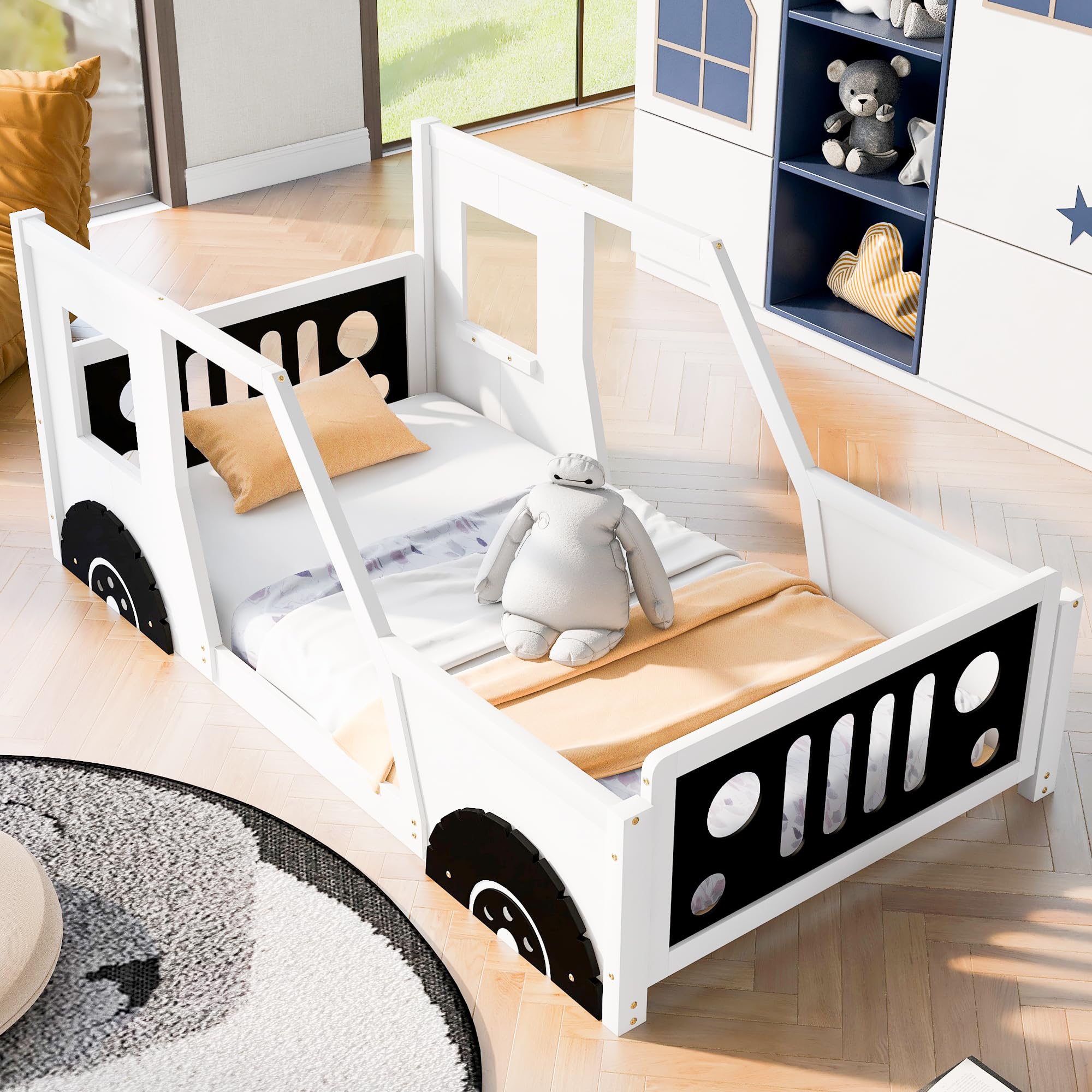 MERITLINE Twin Size Kids Floor Bed with Car-Shaped and Wheels, Wooden Twin Platform Bed Frames with Doors and Windows, Twin Car Bed with Slat Support for Kids Boys Girls, No Box Spring Needed, White