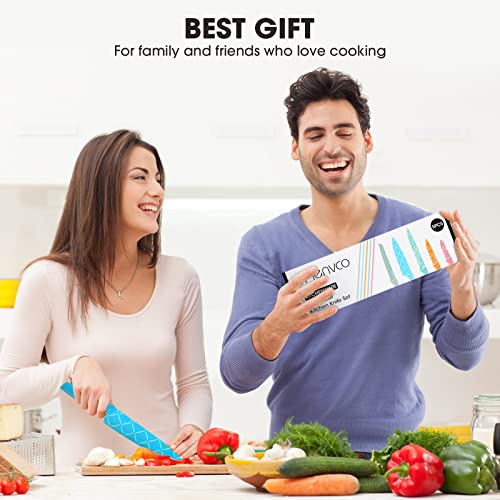 Knife Set, Kitchen Knife Set with Blade Guards, 5 Piece Colorful Knife Set, Stainless Steel Knives Set for Kitchen with Chef Knife, Santoku Knife, Slice Knife, Utility Knife, Paring Knife