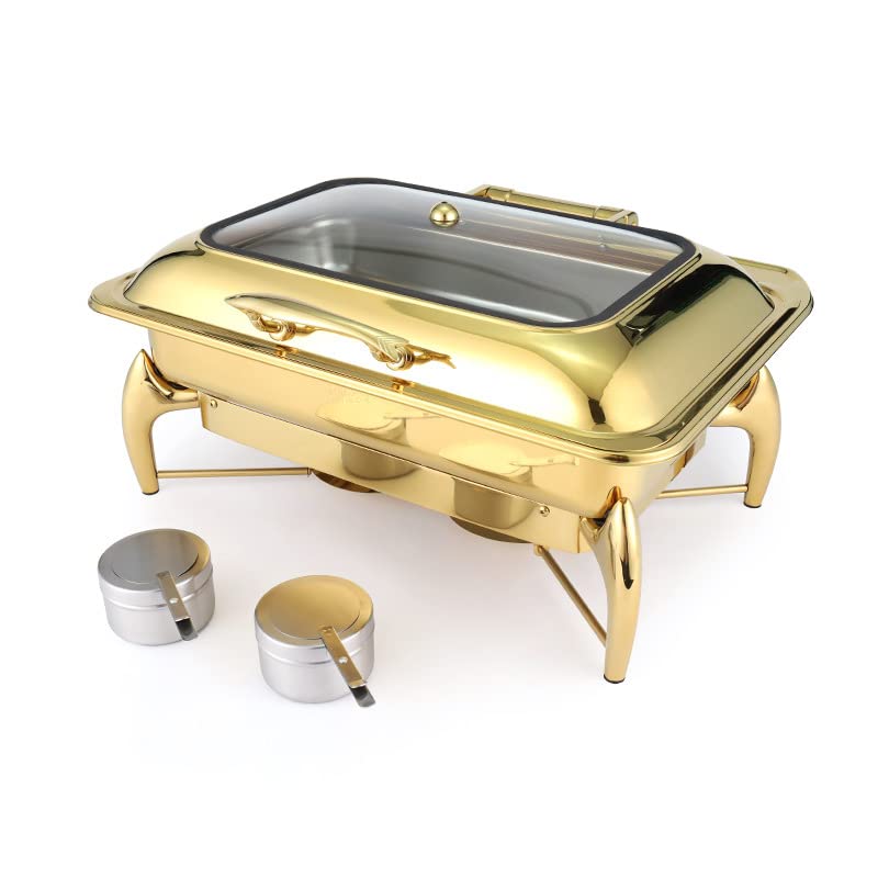 HONHPD 10L Stainless Steel Thickened Buffet Stove, Commercial Hotel Restaurant Breakfast Heating Furnace, Hydraulic Transparent Cover Buffet Stove, Chafing Dish Buffet Set, Gold(Full Size)
