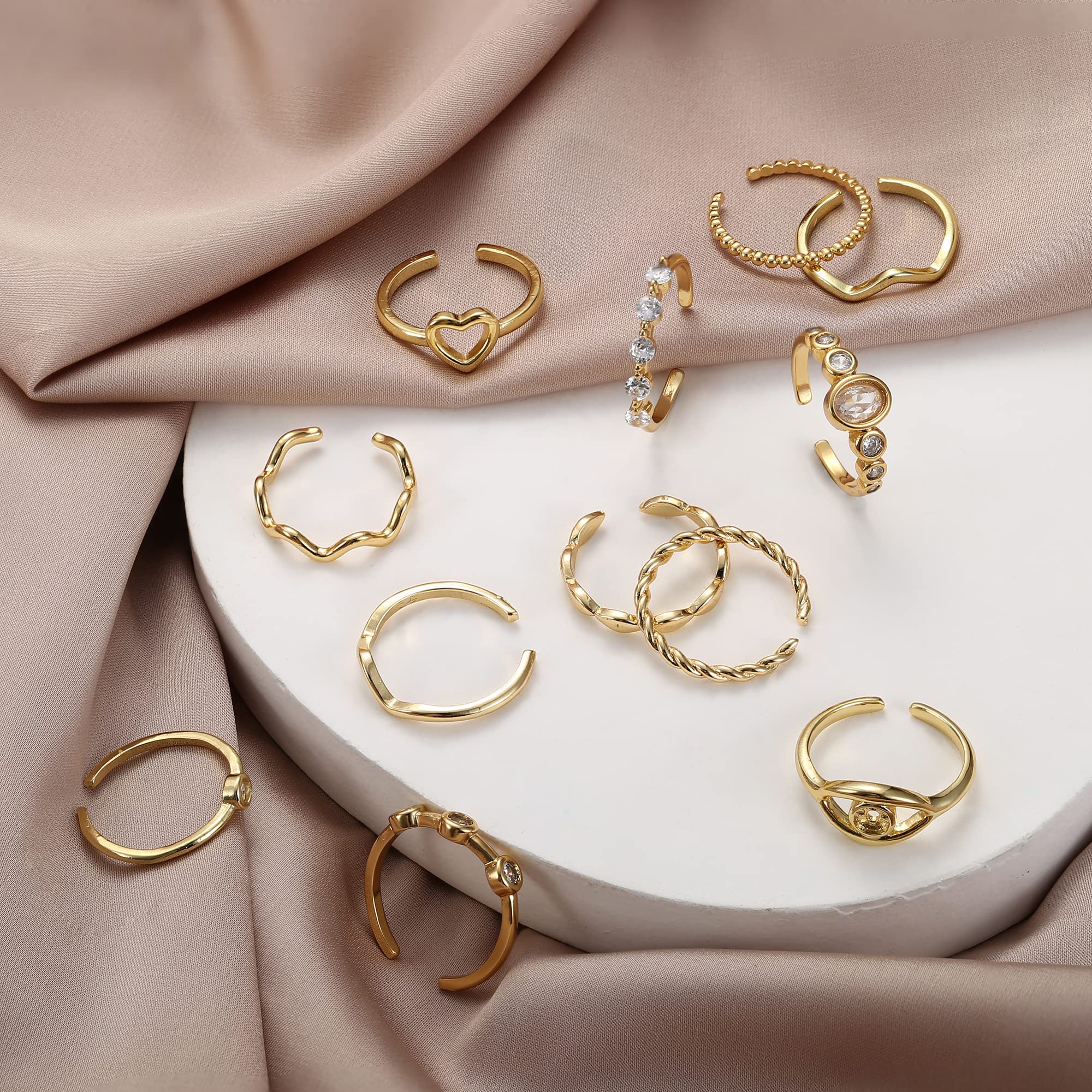 IRONBOX 12 Pcs Adjustable Knuckle Rings for Women 14K Gold Plated Stacking Rings Pack Wave Star Moon Dainty Thumb Open Rings Set Gold