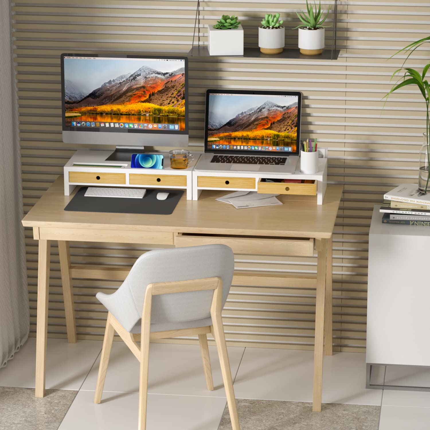 Monitor Stand Riser with Drawer - White Laptop Stand, Bamboo Desktop Shelf Organizer for Computer, TV, Printer, Office Supplies & Accessories with Phone Holder & Cups Slot, No Assembly Needed