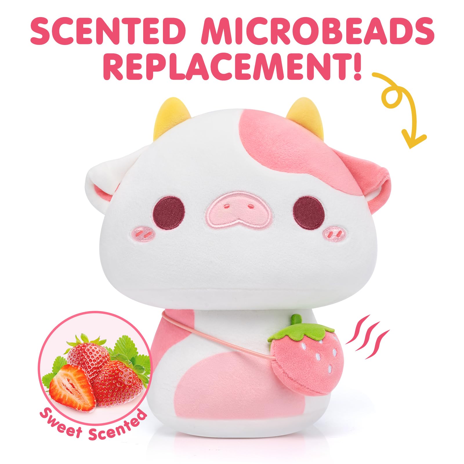 Mewaii Scented Stuffed Animal, Cute Strawberry Cow Plush with Sweet Strawberry Scented Microbeads, Pink Strawberry Plush Toy for Hugging Plush & Decor Pillow