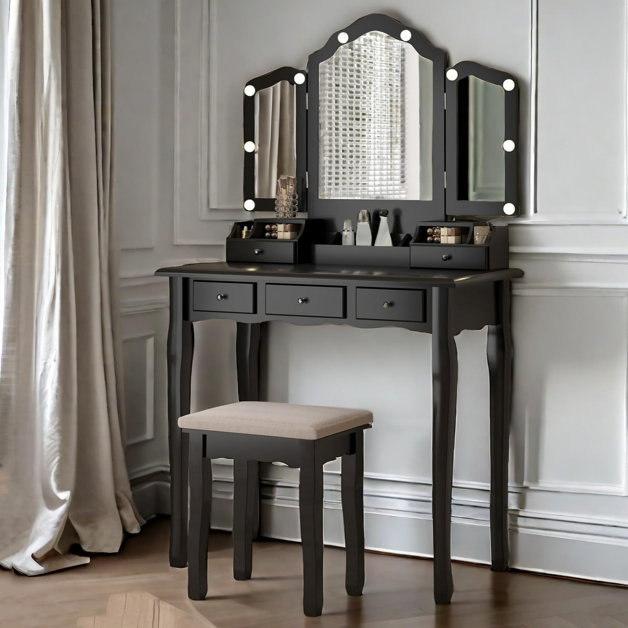NEDYO Vanity Table, Vintage Vanity Desk with Mirror and Lights, Tri-Fold Mirror Small Makeup Vanity with Chair, Vanity Set for Bedroom and Small Spaces. Carbon Black