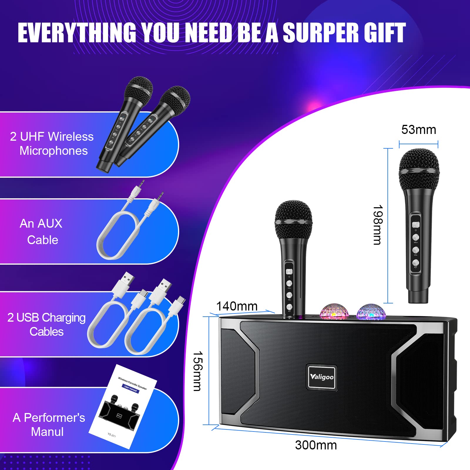 Karaoke Machine for Adults and Kids, with 2 Wireless Microphones, Portable Bluetooth PA Speaker System with LED Lights & Reverb/Treble Adjust, Echo & Vocal Cut, Best for Home Party, Wedding, Christmas