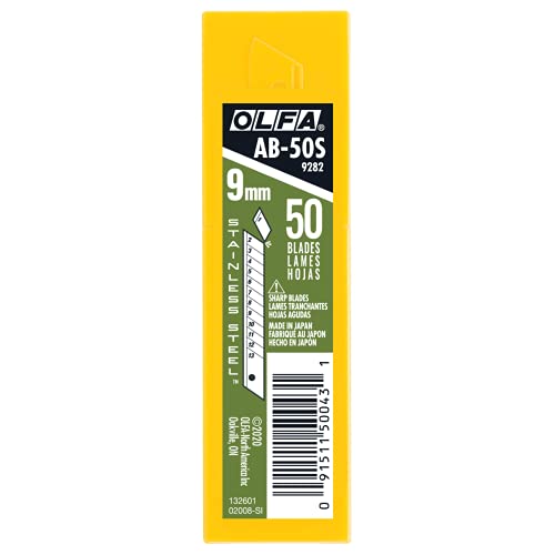 OLFA 9mm Snap Off Replacement Blades, 50 Blades (650 Segments) AB-50S - Rust & Corrosion Resistant Stainless-Steel Utility Knife Replacement Blades, Fits most 9mm Utility Knives