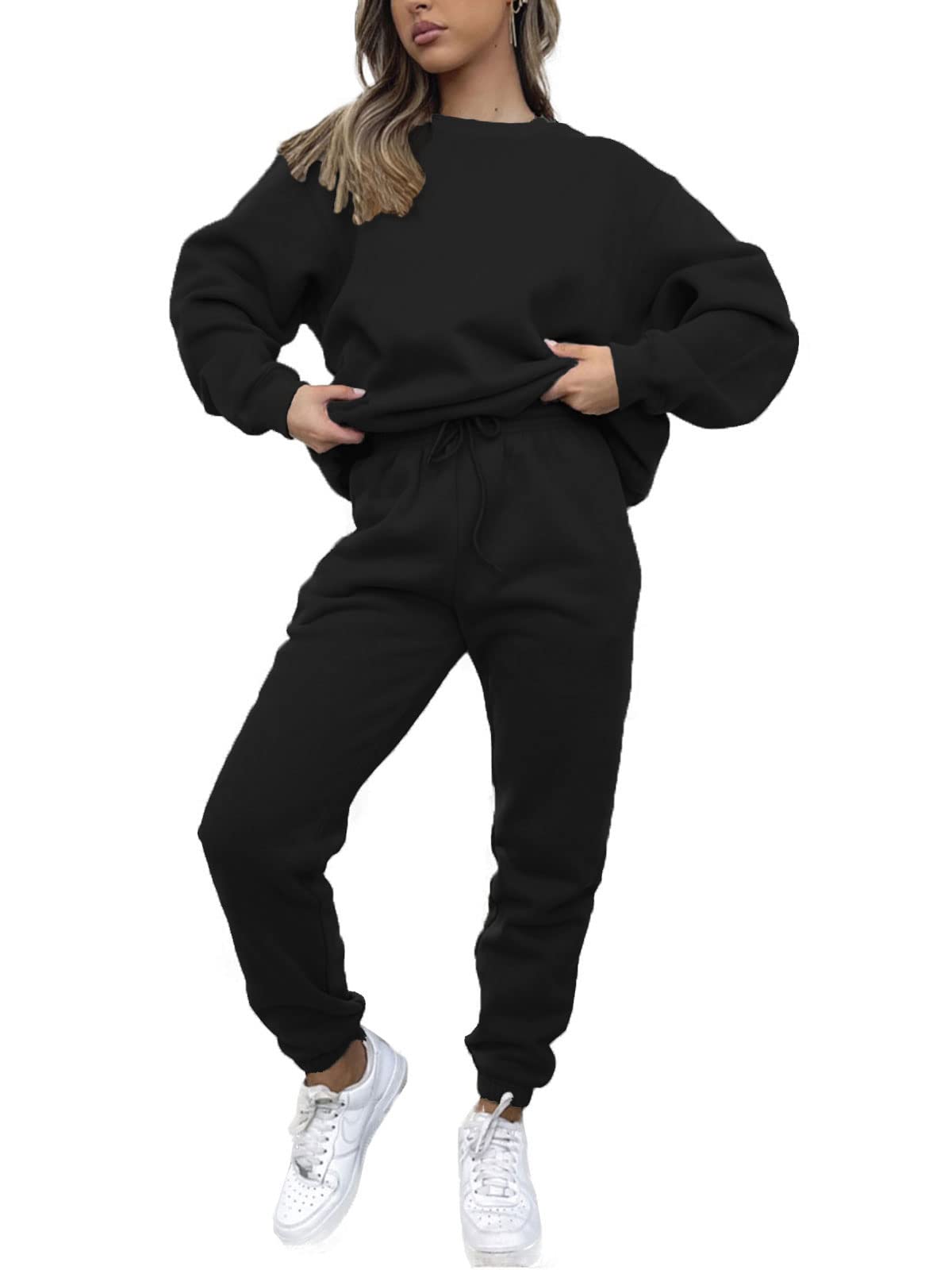 KANSOON Jogger Sets for Women 2 Piece Sweat Suit Casual Solid Color Round Neck Tops Sweatpants Outfits Lounge Set Black XXL