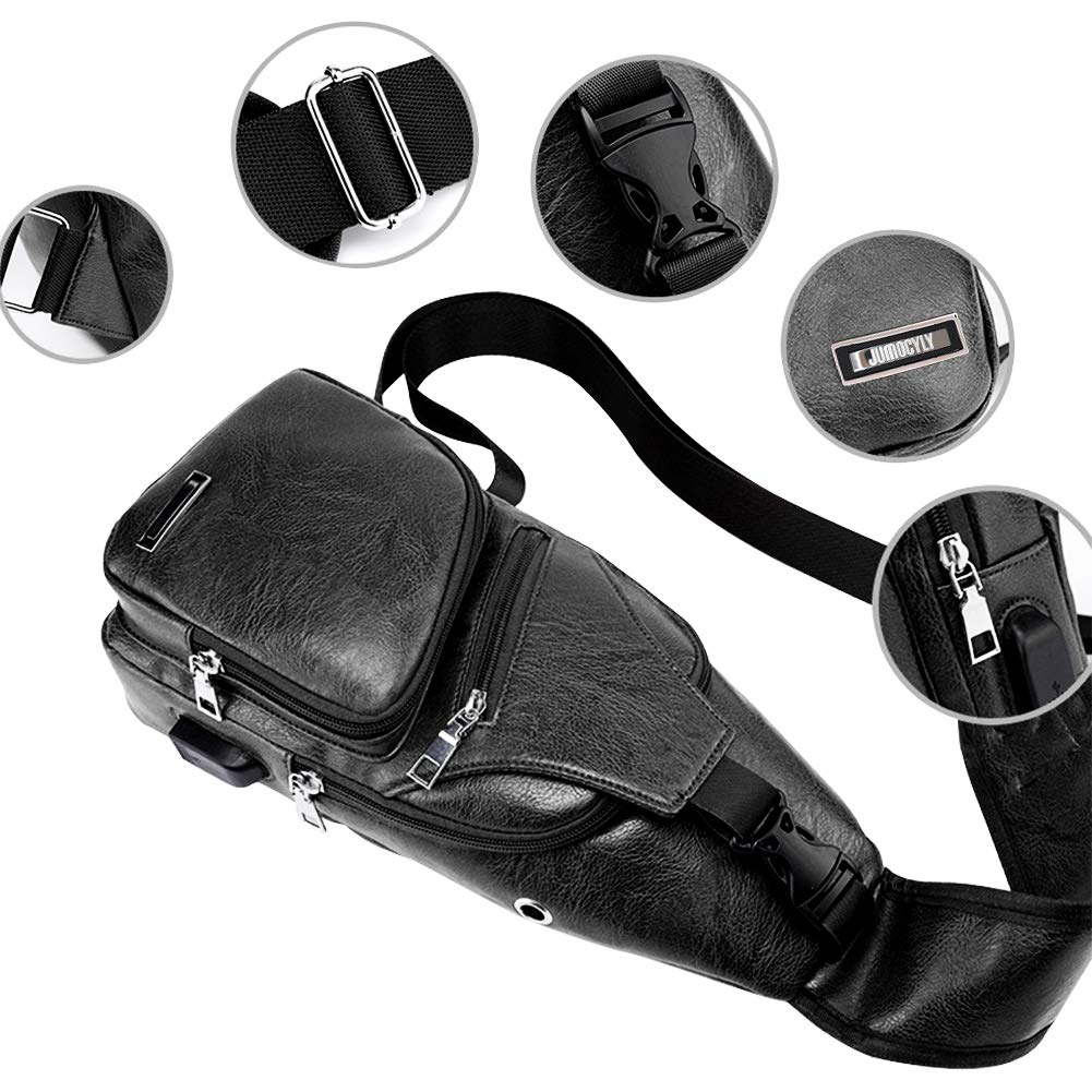 JUMO CYLY Leather Sling Bag with USB Charging Port Large Mens Crossbody Shoulder Bag Travel Sling Chest Bag (Small Black)