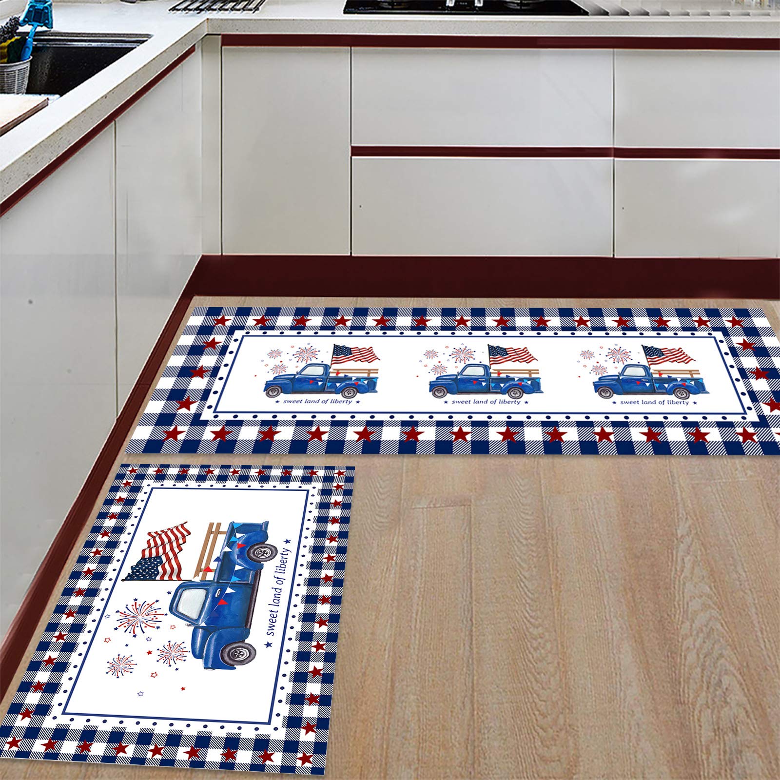 July 4th Kitchen Rugs Sets 2 Piece Floor Mats Independence Day Buffalo Plaid Blue Truck Stars Doormat Non-Slip Rubber Backing Area Rugs Carpet Inside Door Mat Pad Sets-15.7" x 23.6"+15.7" x 47.2"