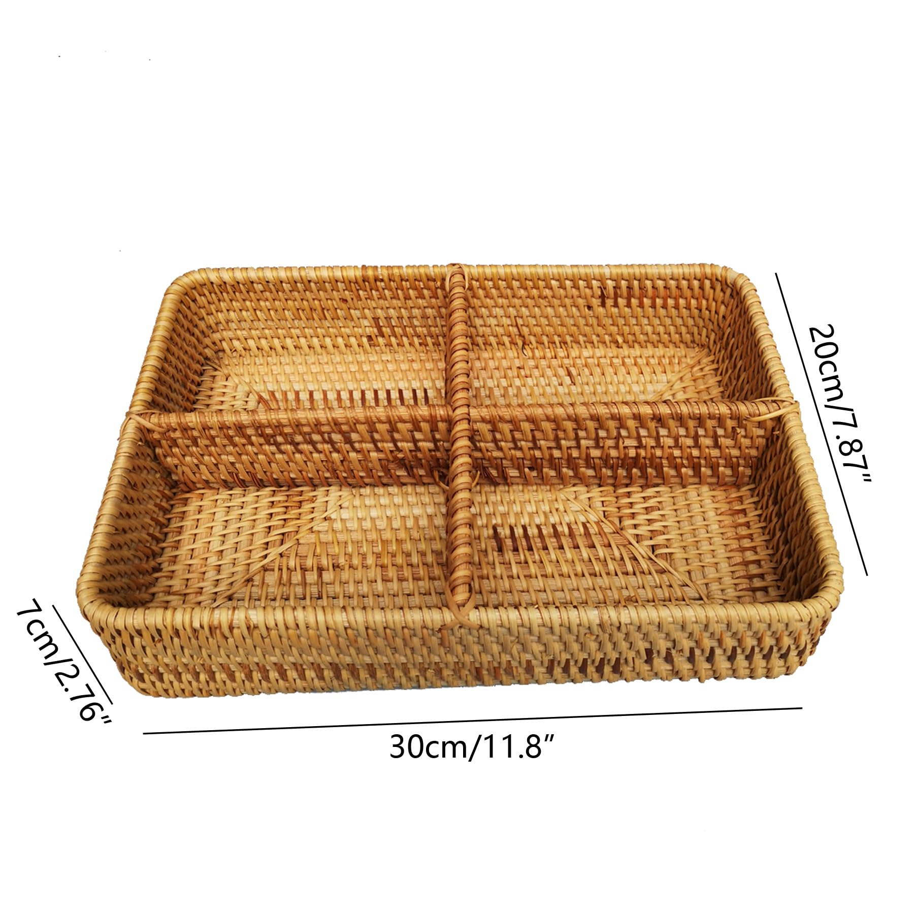 i-lan 4 Compartments Rectangular Rattan Basket, 12 Inch Divided Basket Tray with 3β Deep Wall, Decorative Flat Wicker Serving Basket for Fruit, Snacks, Catch All Dish, Brown