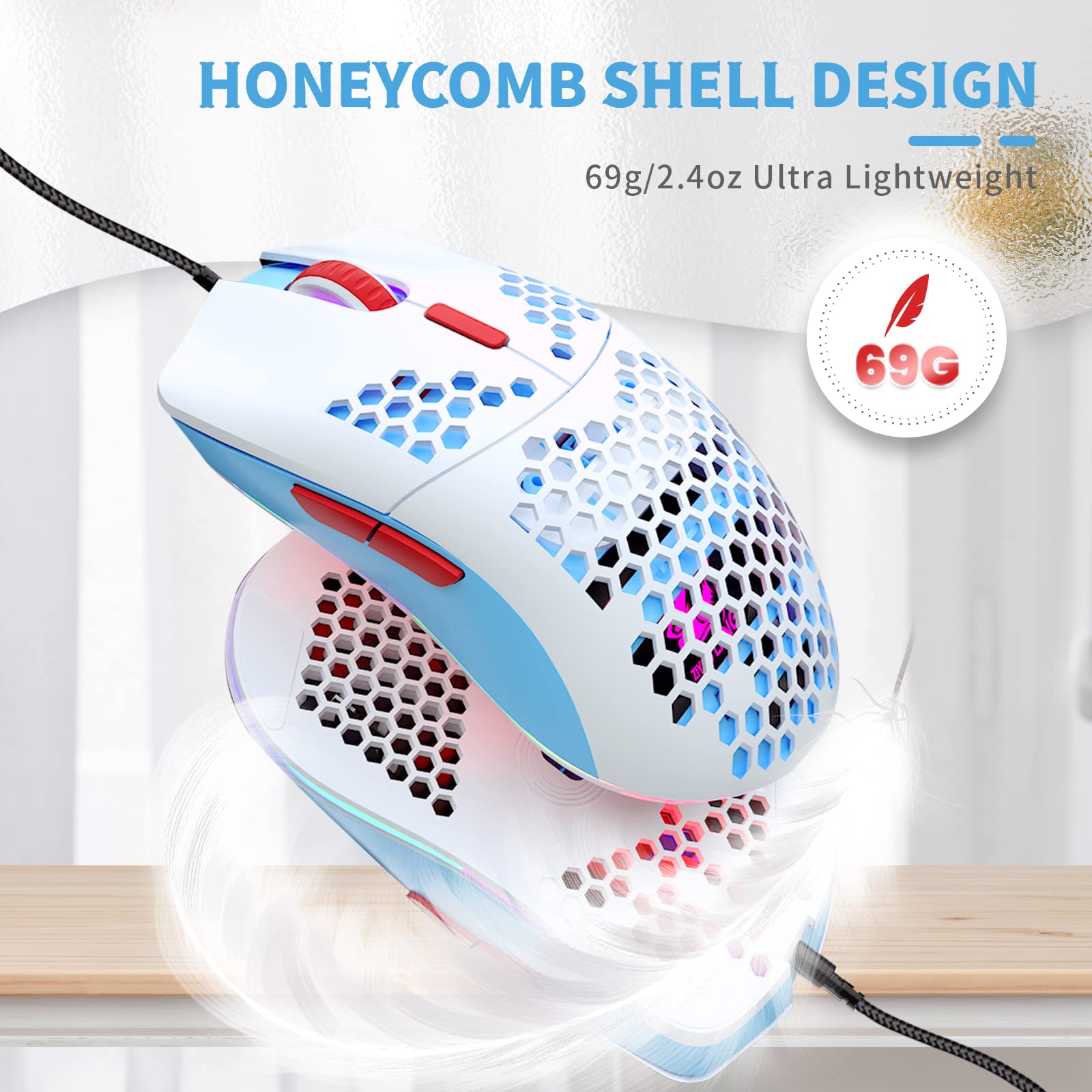 MAGIC-REFINER Wired Lightweight Gaming Mouse, 69g Ultralight Honeycomb Shell, RGB Chroma Backlit, 6400 DPI Optical Sensor, Ergonomic 6 Programmable Buttons for E-Sports,Laptop,PC,Mac Gamer