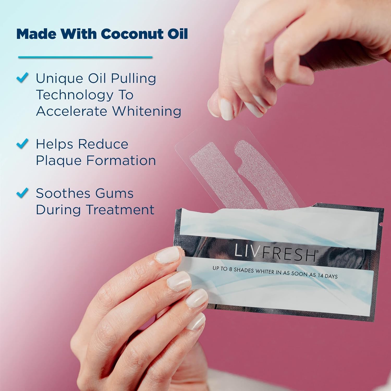 LIVFRESH Teeth Whitening Strips, Results in 14 Days, Cleans Teeth & Reduces Plaque, Enamel Safe, for Sensitive Teeth, Uses Coconut Oil & Hydrogen Peroxide, No Slip Teeth Whitener, 14 Treatments