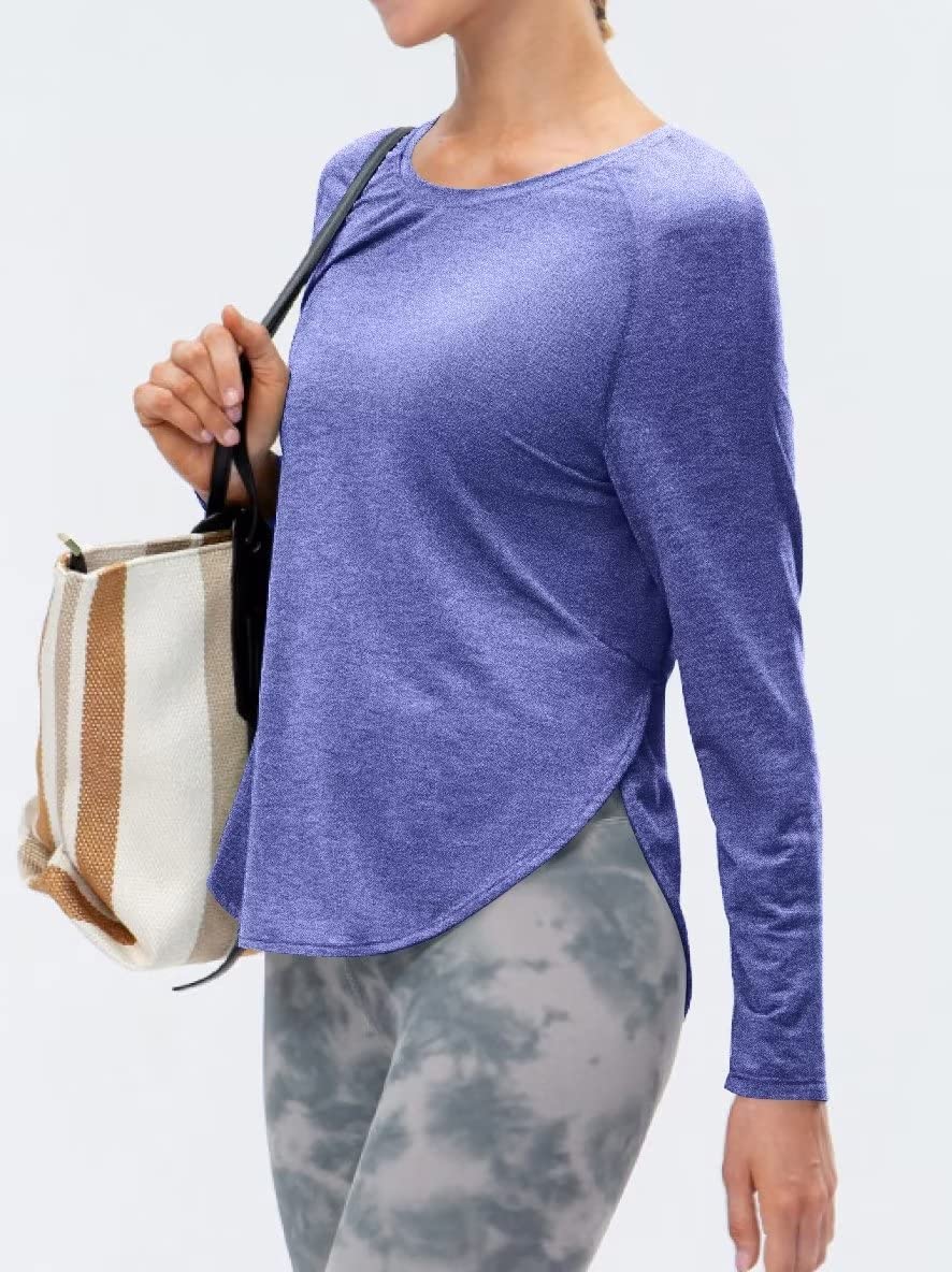 LEEDYA Womens Long Sleeve Crewneck Yoga Shirt Basic Athletic Workout Tops Side Slit Sports Gym Shirts Purple XL