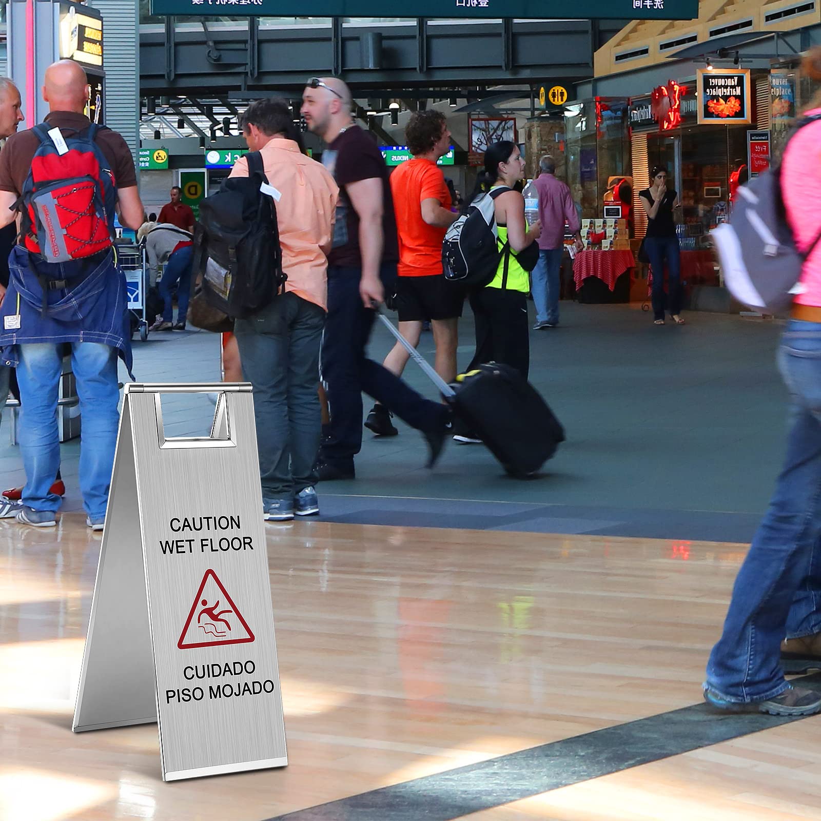 LEIFIDE 4 Pcs Stainless Steel Wet Floor Caution Sign Bulk 8.8 Pound Portable Foldable Handle Bilingual Safety Sign for Kitchen Restaurant Shop commercial Use Avoid Fall and Slip Accident(4 Pcs)
