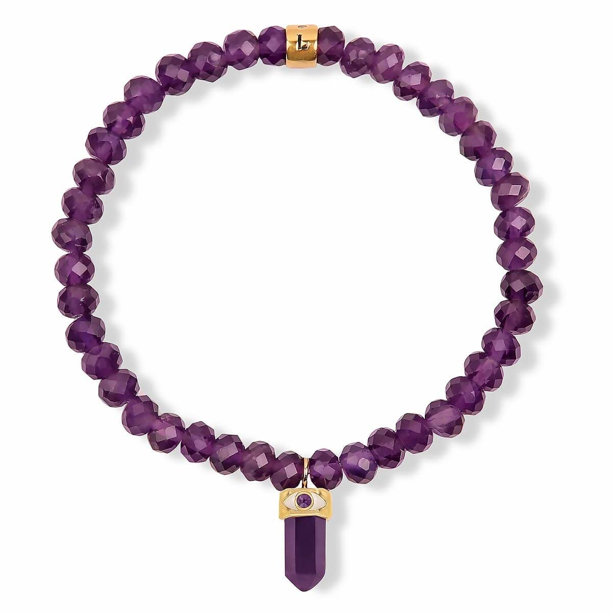 KARMA AND LUCK Soothing Power : Women's Gold Plated Brass Real Amethyst Stone Evil Eye Pointer Charm Beaded 6.75" Bracelet with a Gorgeous Embedded Diamond Chip (1-1.5 mm), Made in Thailand