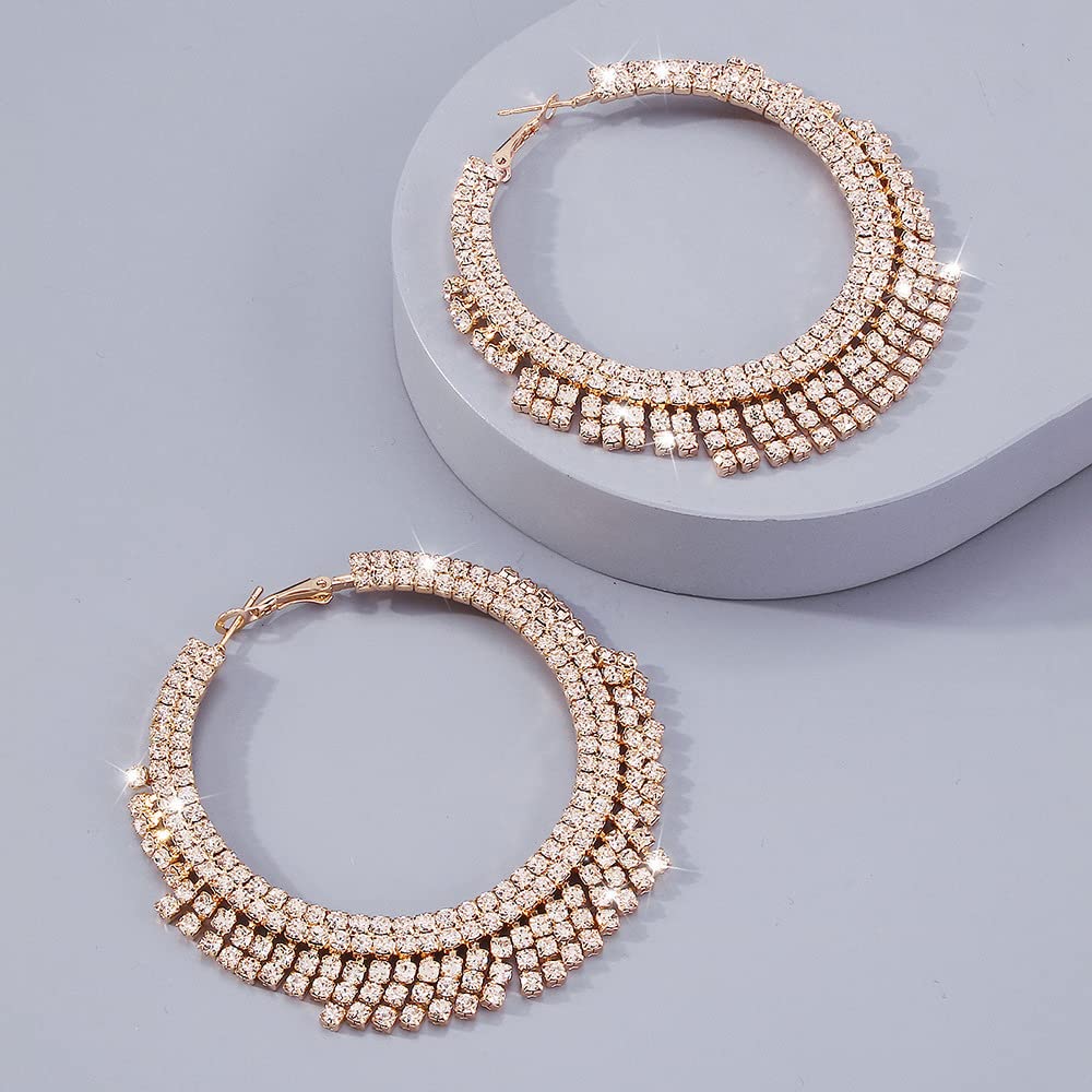 Jumwrit Large Rhinestone Hoop Earrings Big Round Circle Earrings Tassel Chain Dangle Earrings Statement Earrings for Women Girls(Gold)