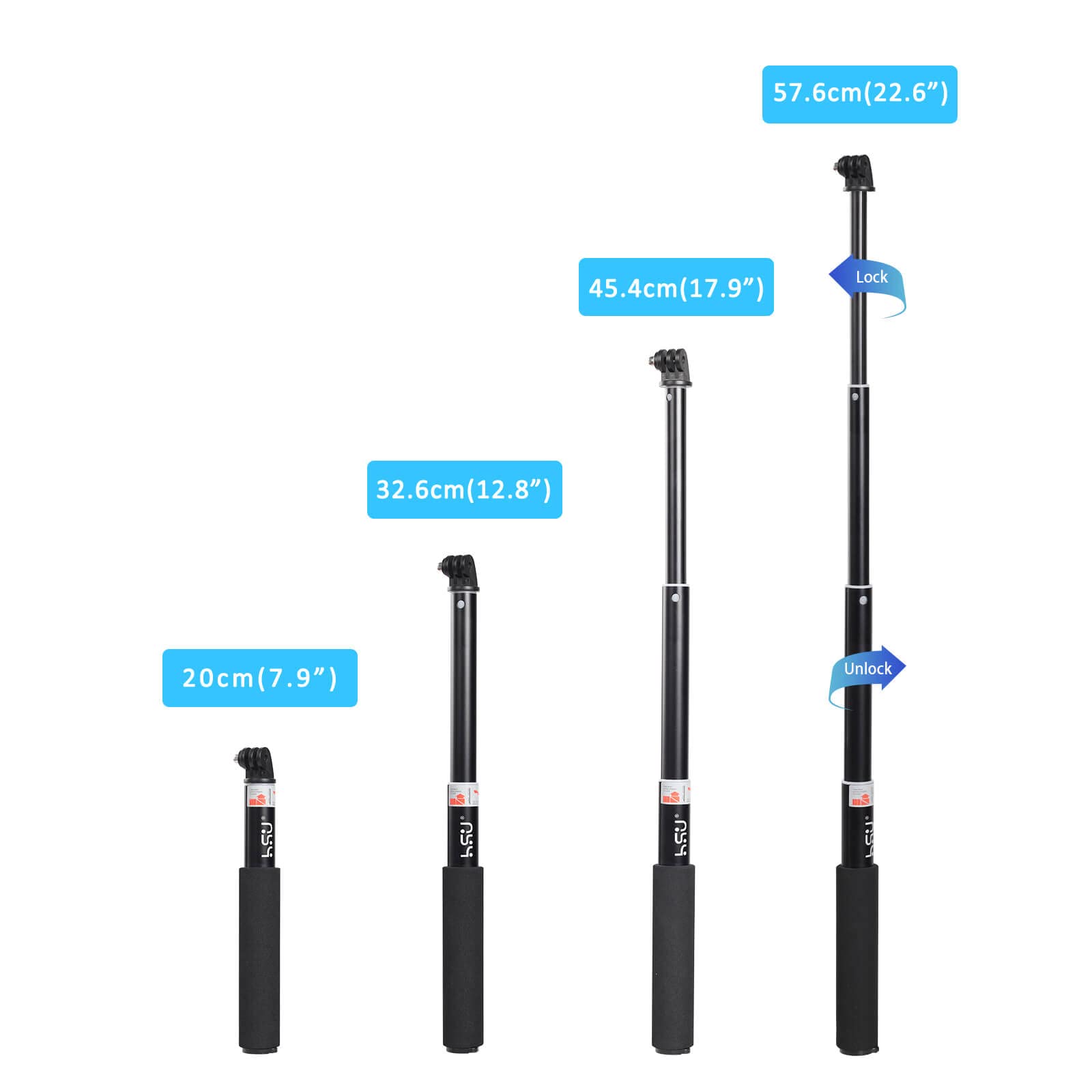 HSU Extendable Selfie Stick, Waterproof Hand Grip for GoPro Hero 12/11/10/9/8/7/6/5/4, Handheld Monopod Compatible with Cell Phones, AKASO Campark Insta360 X3 and Other Action Cameras