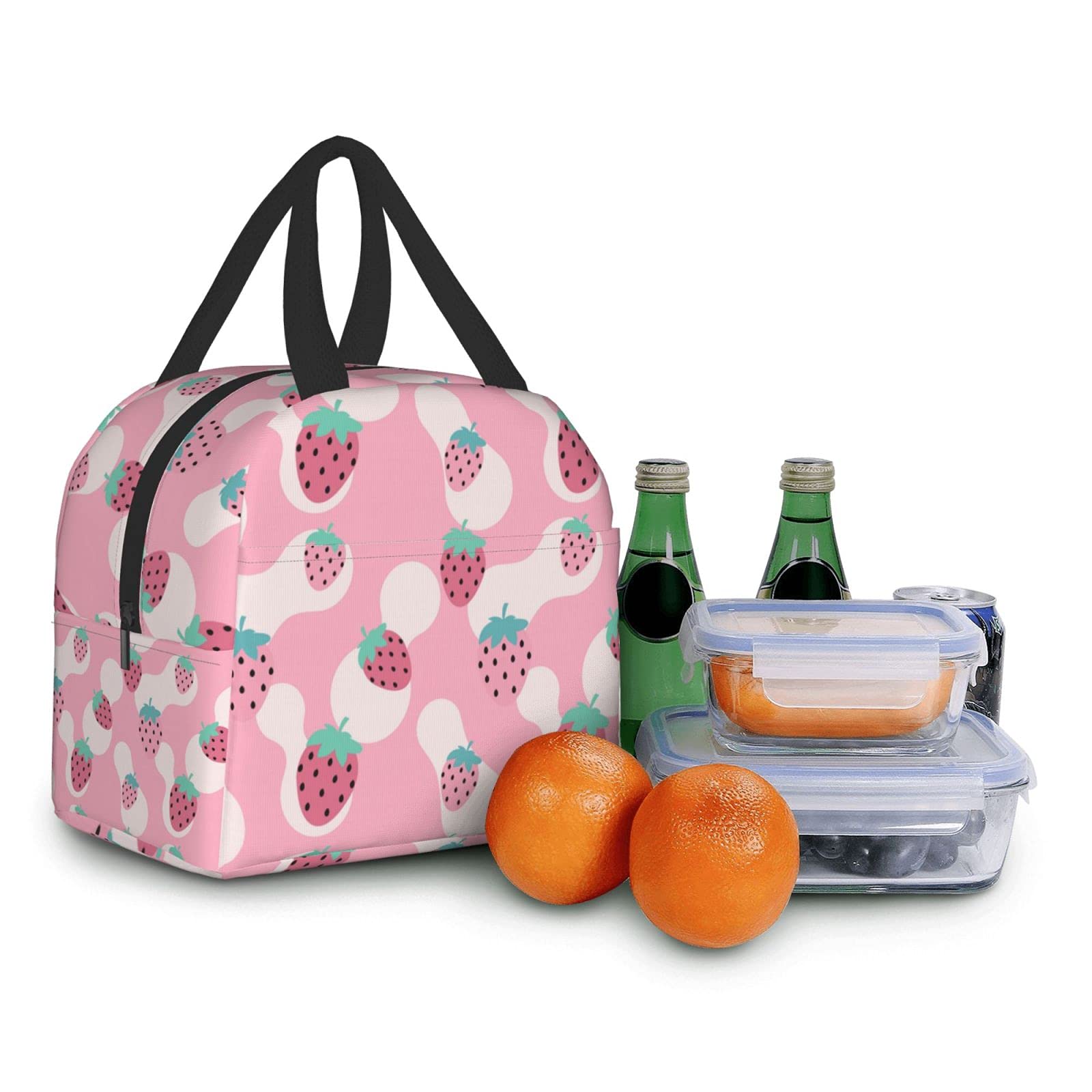Insulated Lunch Bag Reusable Lunch Box, Cooler Lunch Tote Bag With Front Pocket for Women Men Picnic Office Work, Simple Strawberry Print