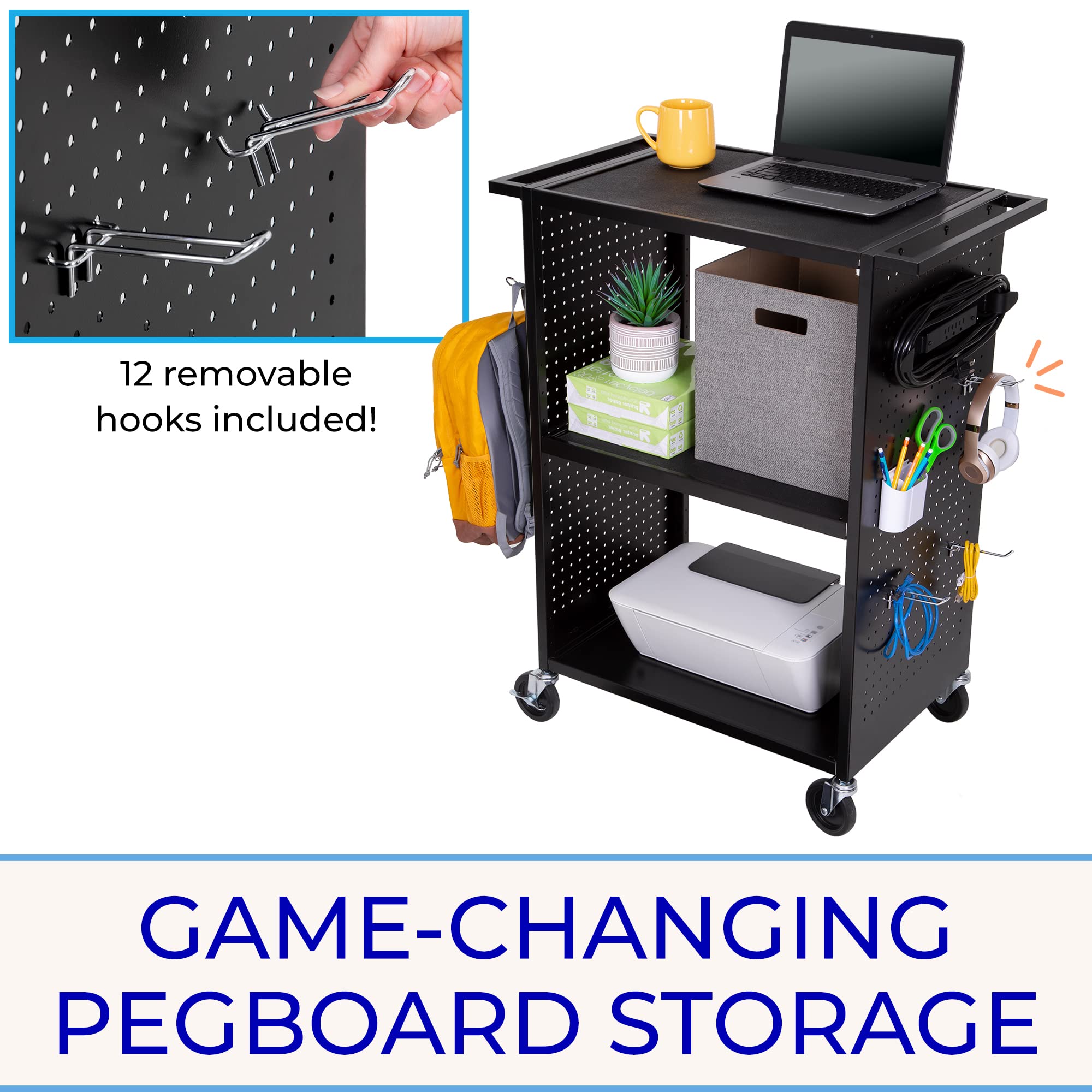 Line Leader Stellar AV Cart | Reimagine Your Teacher Cart with Revolutionary Pegboard Siding & 12 Movable Peg Hooks for Customizable Storage | UL Safety Certified Mobile Workstation & Computer Cart