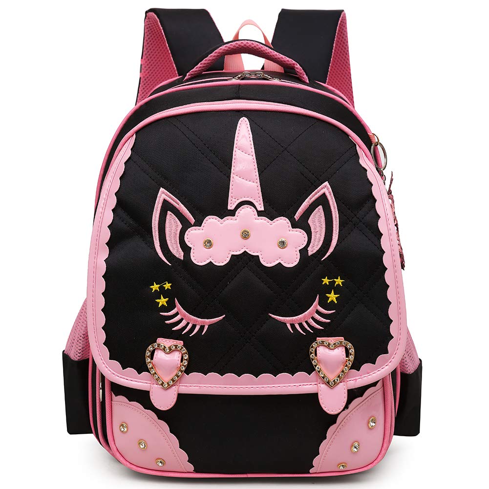 Hasp Cute Unicorn Face Diamond Sequins Waterproof Princess School Backpack Girls Book Bag (Black)