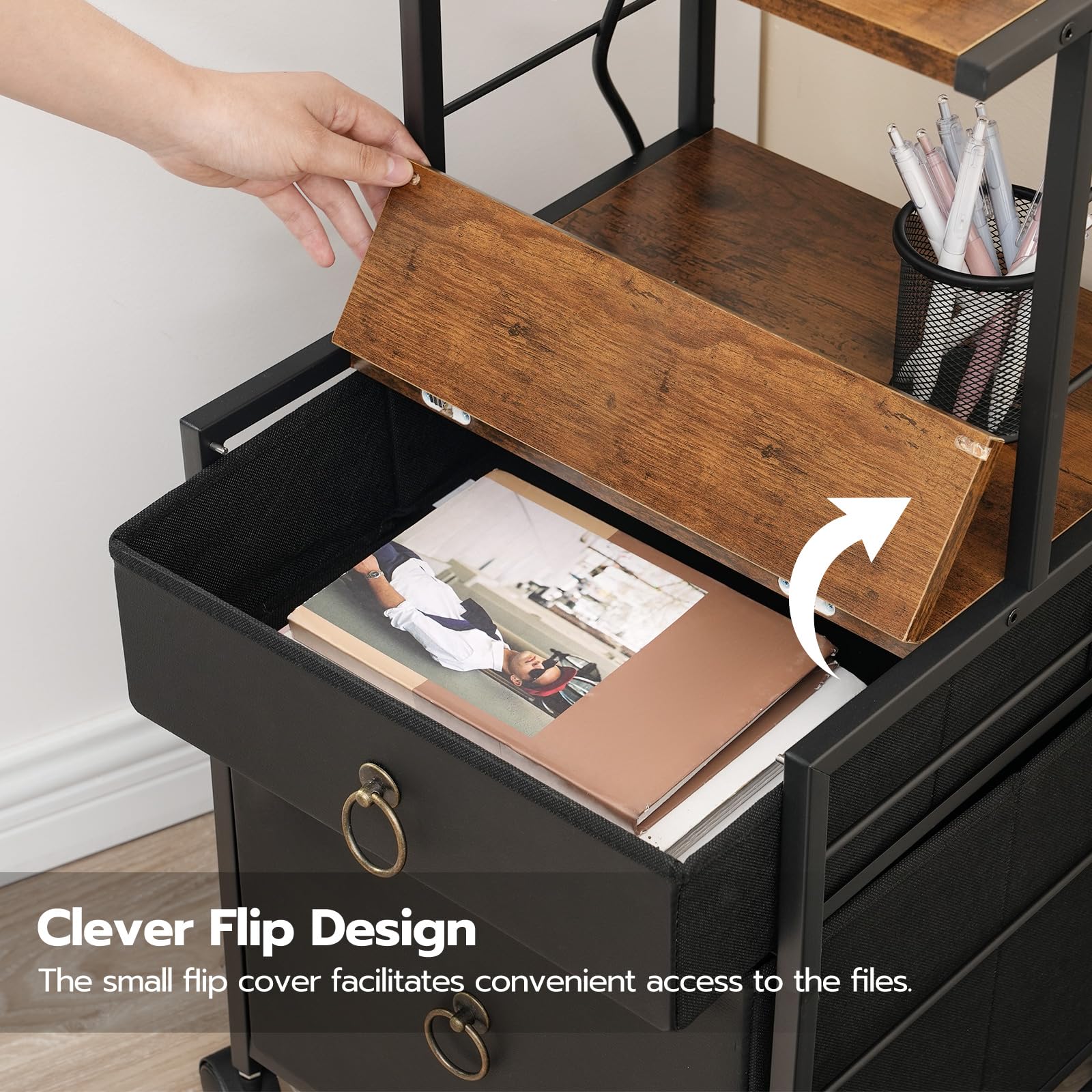 HOOBRO 2-Drawer File Cabinet, Filing Cabinet with Charging Station, Vertical Office Cabinet with Open Storage Shelf, Printer Stand, A4/Letter Size, Nonwovens Drawer, Rustic Brown and Black BFK23UWJ01