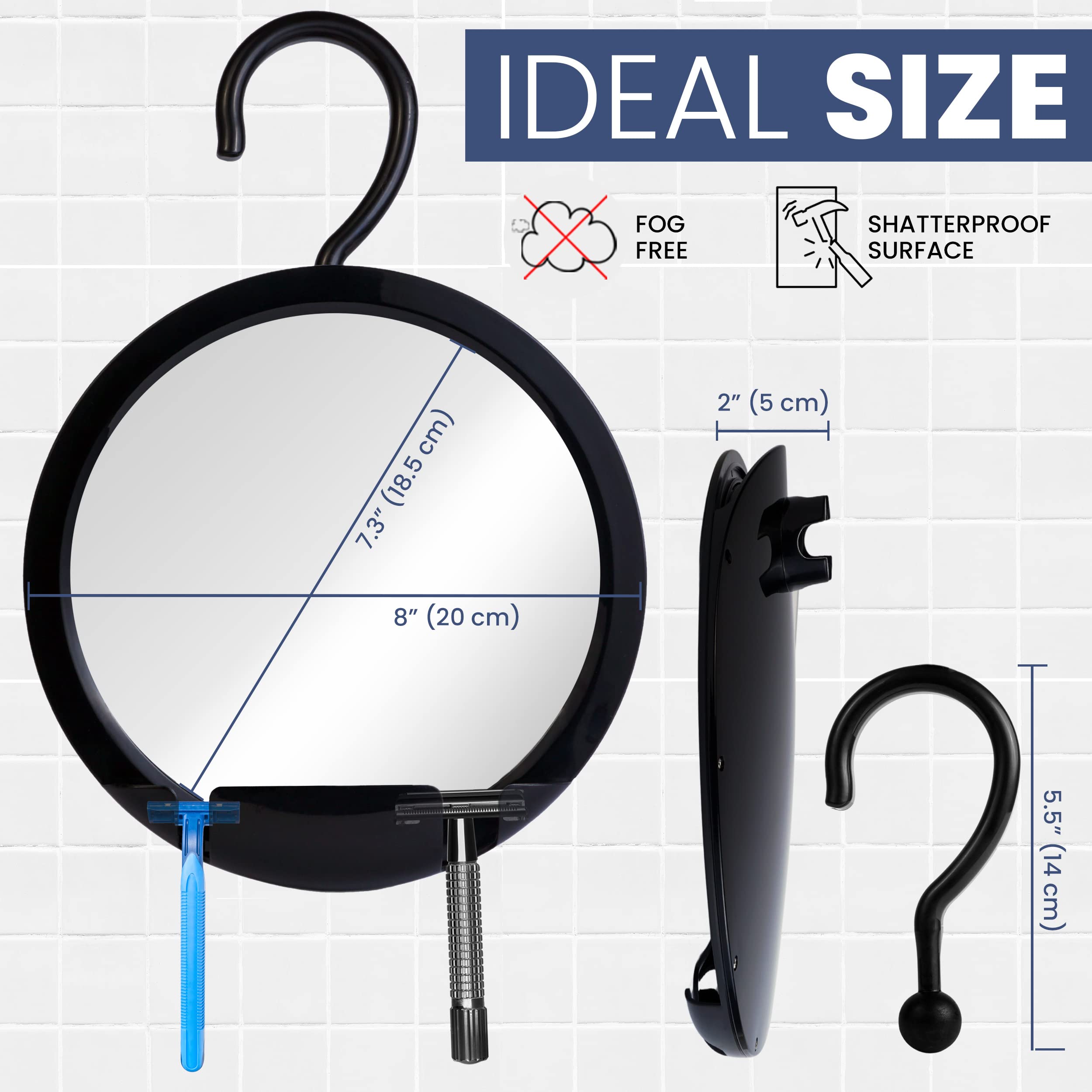 MIRRORVANA Wall Mounted Mirror for Shaving & Makeup, Double Sided 3X / 1X Magnifying and Hangable Fogless Shower Mirror for Shaving with 360° Swivel Hook for Hanging