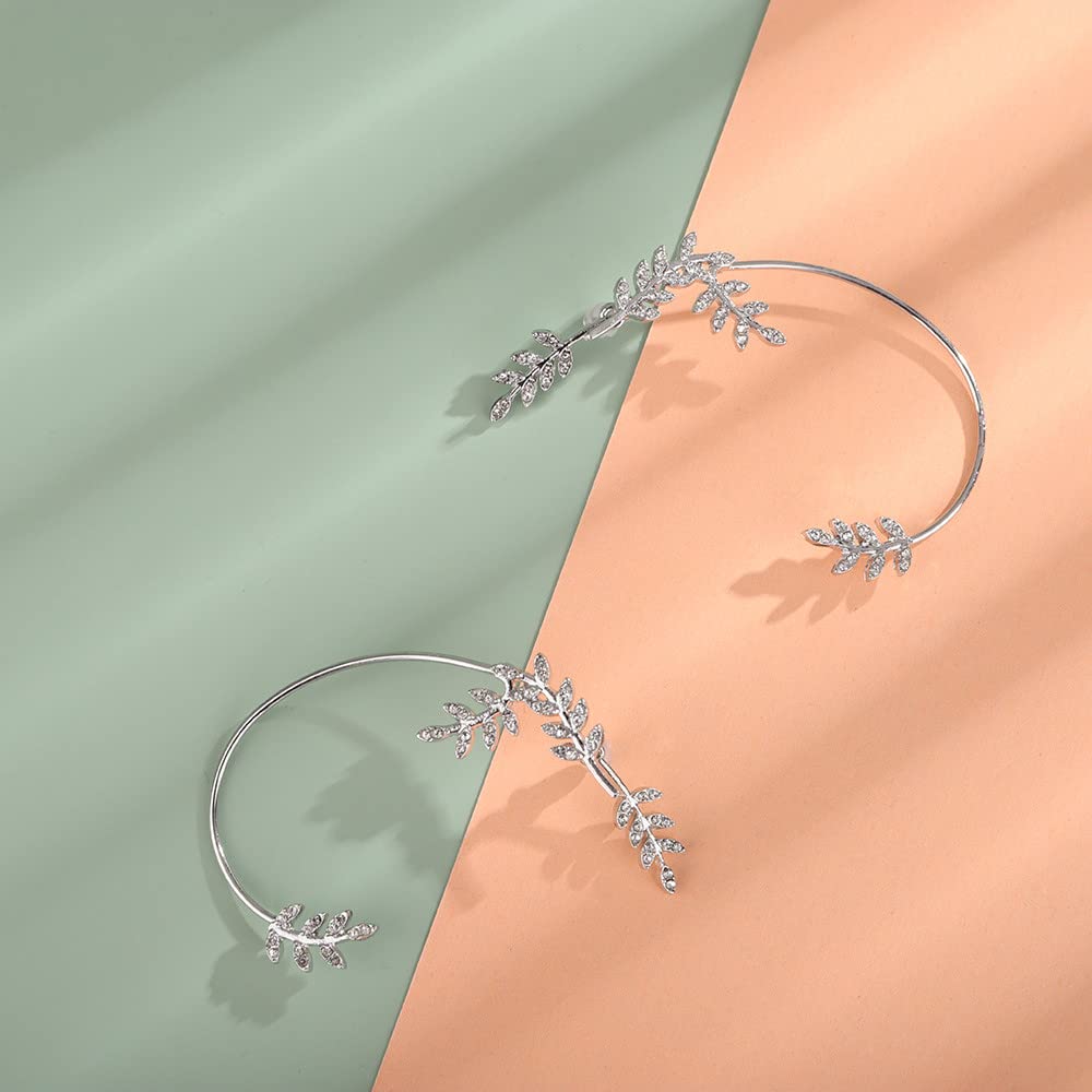 Jumwrit Rhinestone Ear Cuffs Leaf Ear Jacket Climber Crawler Earrings Ear Wrap Earrings Cute Hypoallergenic Stud Earrings for Women Girls(Silver)