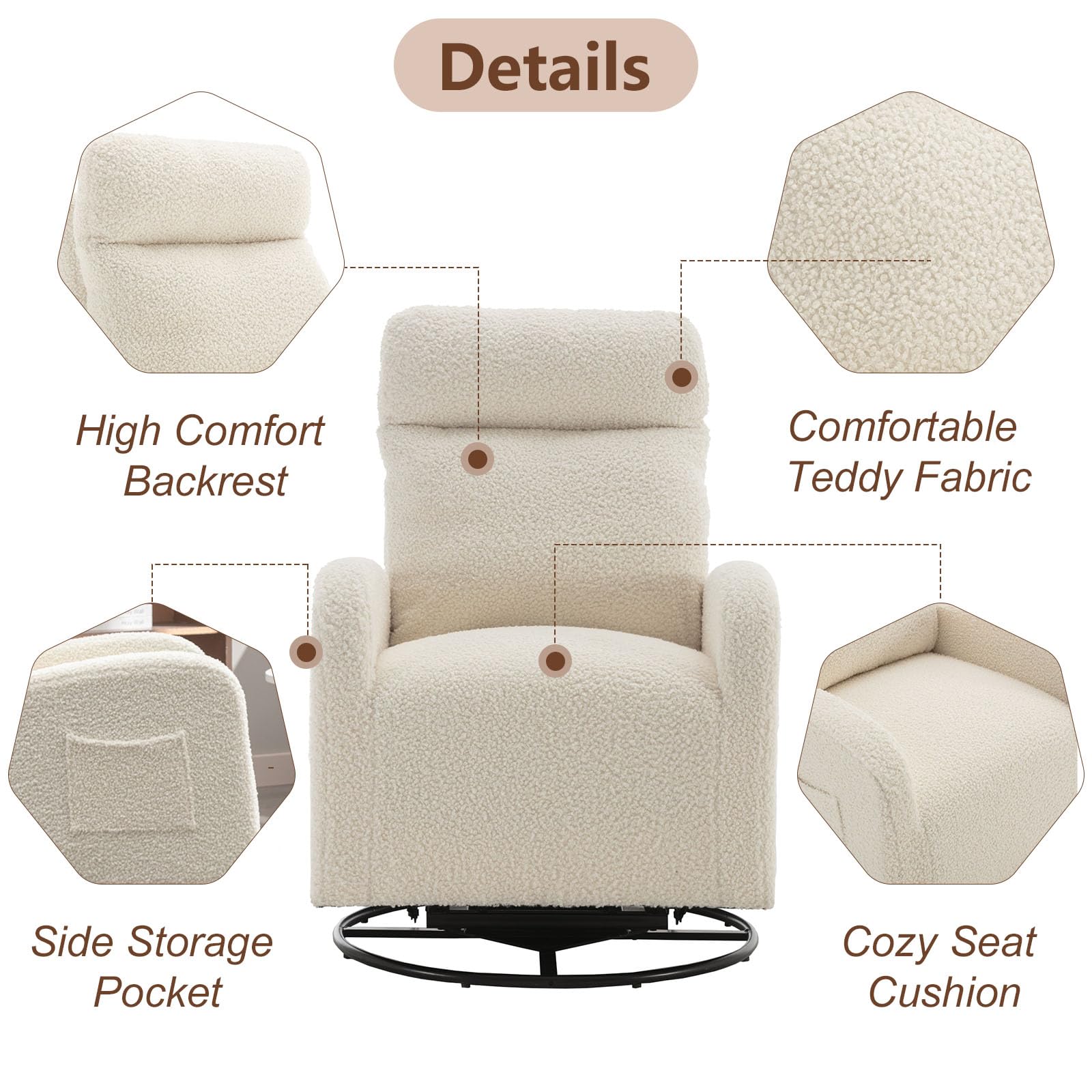 LUCKHAO Swivel Rocking Chair,Nursery Swivel Glide Armchair Teddy Fabric Upholstered Modern Rocking Chairs with High Backrest for Nursery, Bedroom, Living Room(White Teddy
