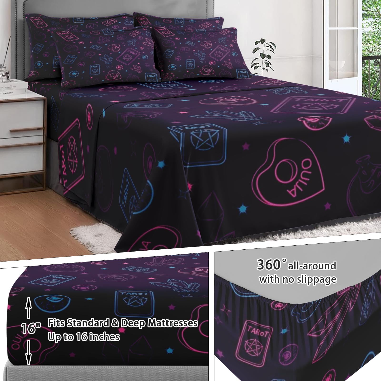 Pinbeam 7 Pcs Comforter Set Queen Size, Witchy Purple Blue Bed in a Bag with Flat Sheet and Fitted Sheet for Kids and Adults, Tarot Board Bedding Set with Pillowcase & Sham
