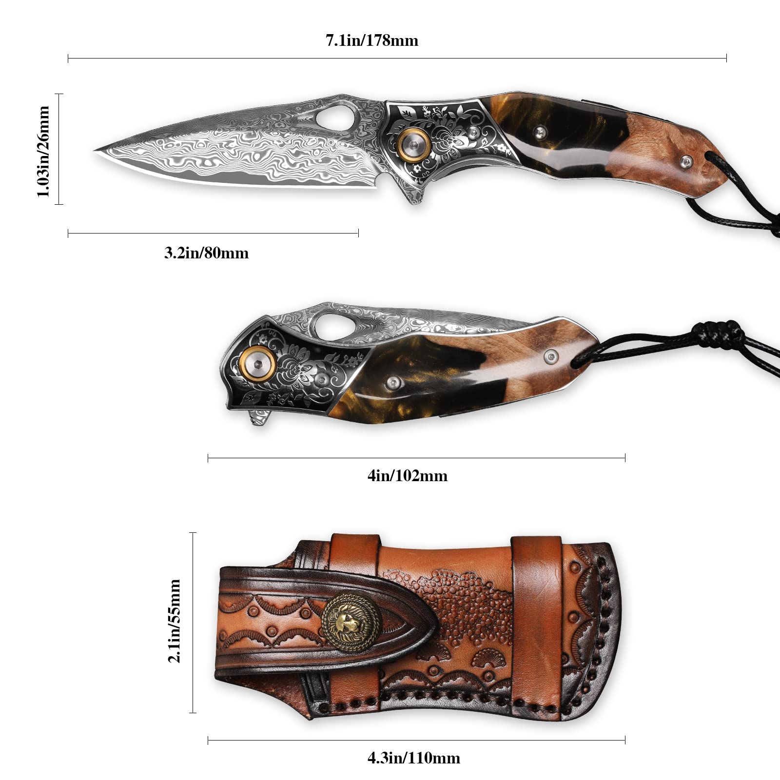 Minowe handmade Japan Damascus steel pocket knife,3.1" VG10 blade men and women Folding knife,With holster,Lining lock,resin and Maple handle,Suitable for EDC outdoor camping,go fishing hunting