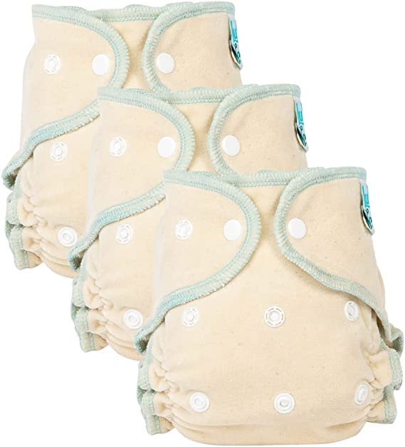 Luludew Fitted Cloth Diaper - Soft, Durable and Absorbent 100% Cotton Velour. Easy to Use Snap Closures 3-Pack (Size 2: Blue Trim)