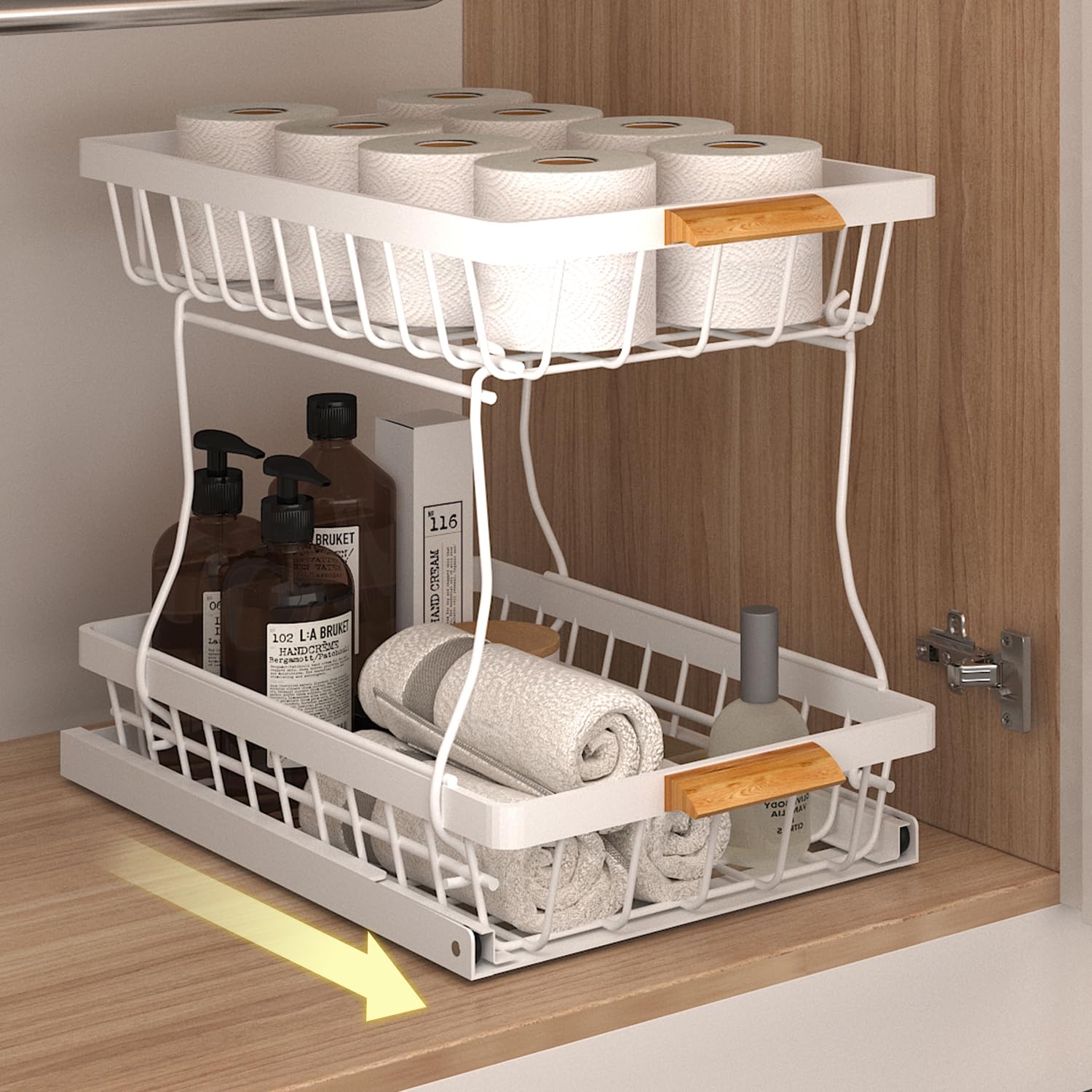 HTOH 2 Tier Under Sink Organizer with Sliding Storage Drawer, Pull Out Cabinet Organizer, Multi-purpose Slide-Out Storgae Basket with Handles for Kitchen, Bathroom