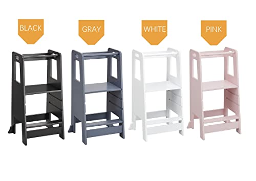 Kid's Wooden Kitchen Step Stool, 220lbs Capacity, Adjustable Platform Standing Tower, with Safety Guardrail Child Studying Tower, Toddler Stool for Bathroom, Cooking Helper(White