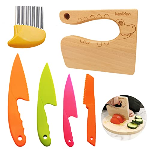 Kasiden Wooden Kids Knife for Cooking,6 Pieces Kid Safe Knives,Serrated Edges Toddler Knife,Potato Slicers Cooking Knives,Kitchen Toy,Chopper,Vegetable and Fruit Cutter (Over 3 Years Old)