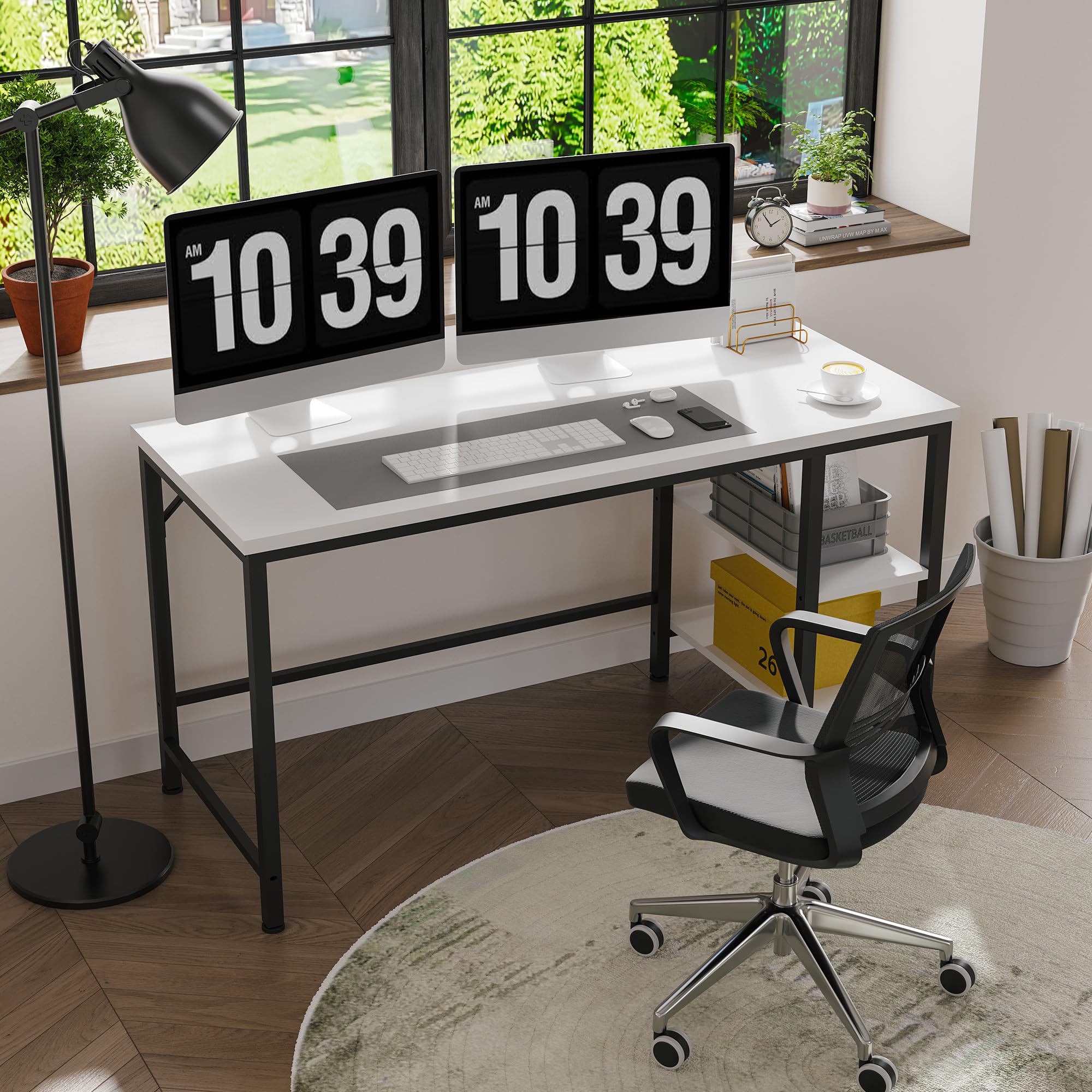 SANODESK 55 Inch Computer Desk with 2-Tier Shelf, Home Office Desk with Wood Table and Metal Frame, White