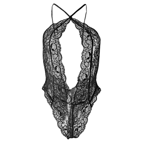 Maiyifu-GJ Womens Deep V Floral Lace Bodysuit One Piece Sexy Halter Babydoll Negligee See Through Backless Teddy Lingerie (Black,3X-Large)